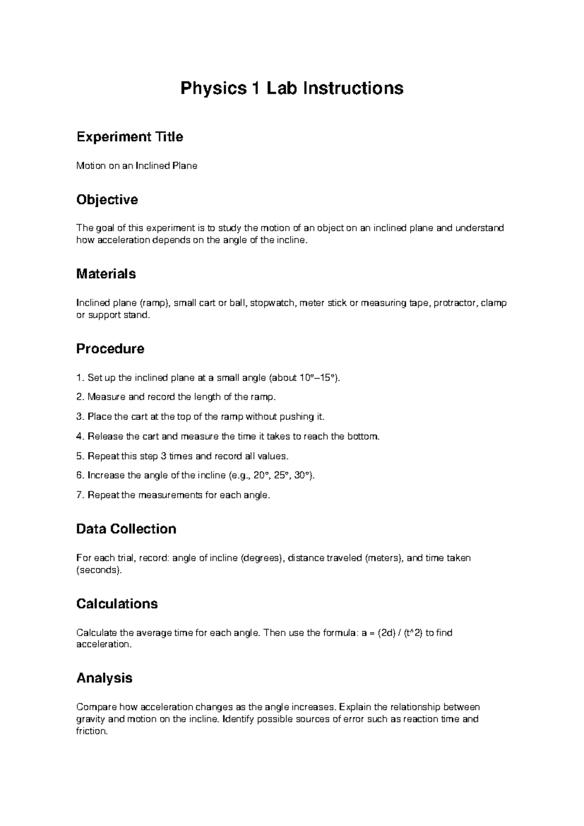 Physics 1 Lab: Motion on an Inclined Plane Experiment Instructions ...
