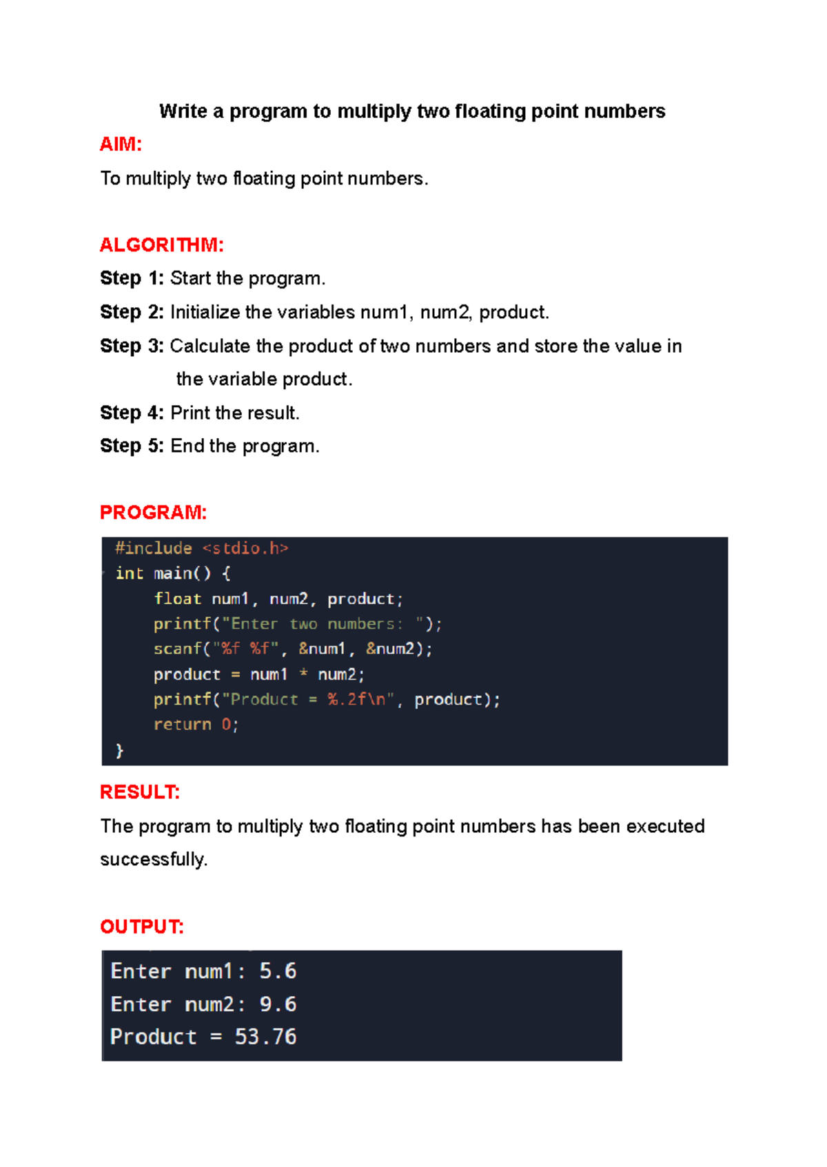 1-To multiply two floating point numbers - Programming for Problem ...