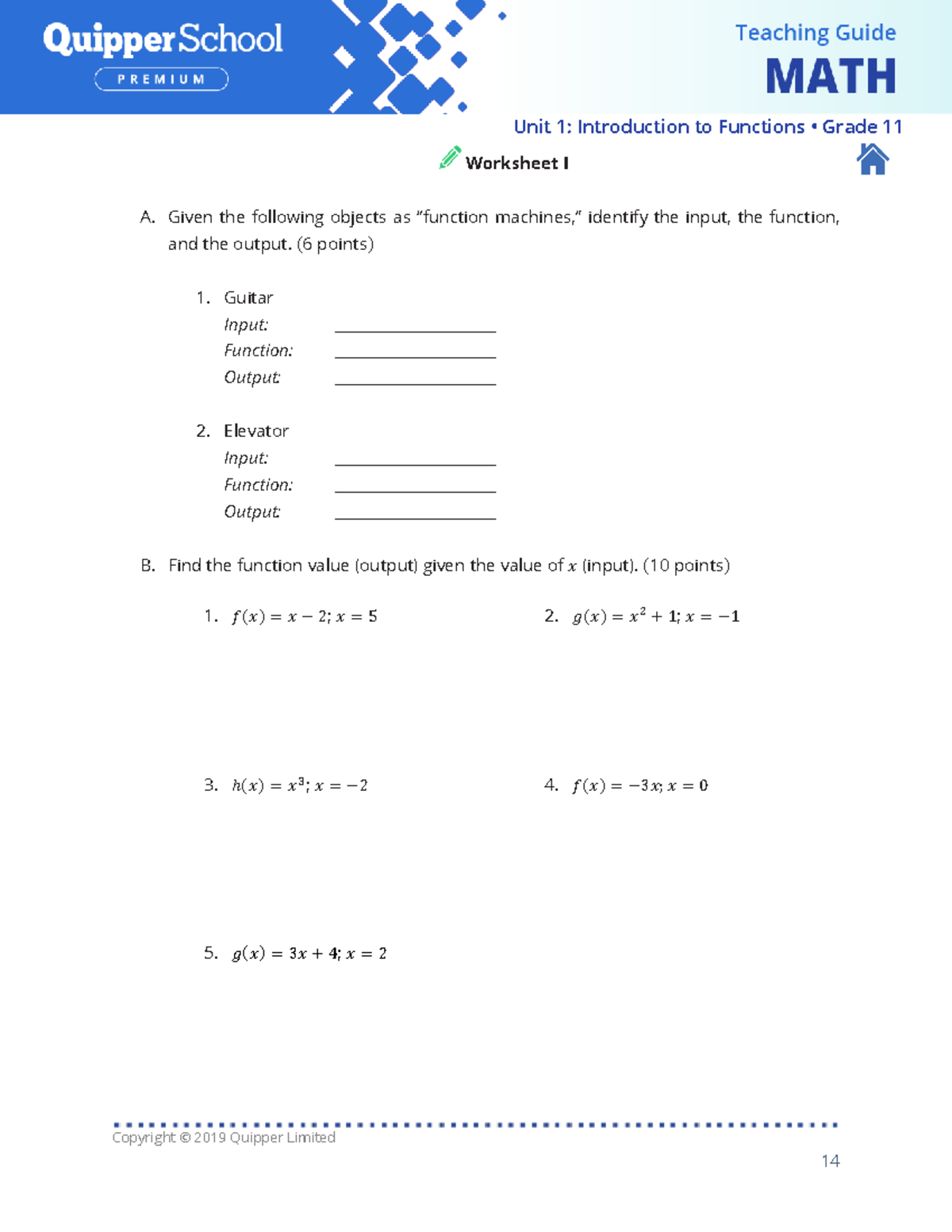 Grade 11 Functions Unit 1 Worksheet I: Input, Output & Values - Studocu