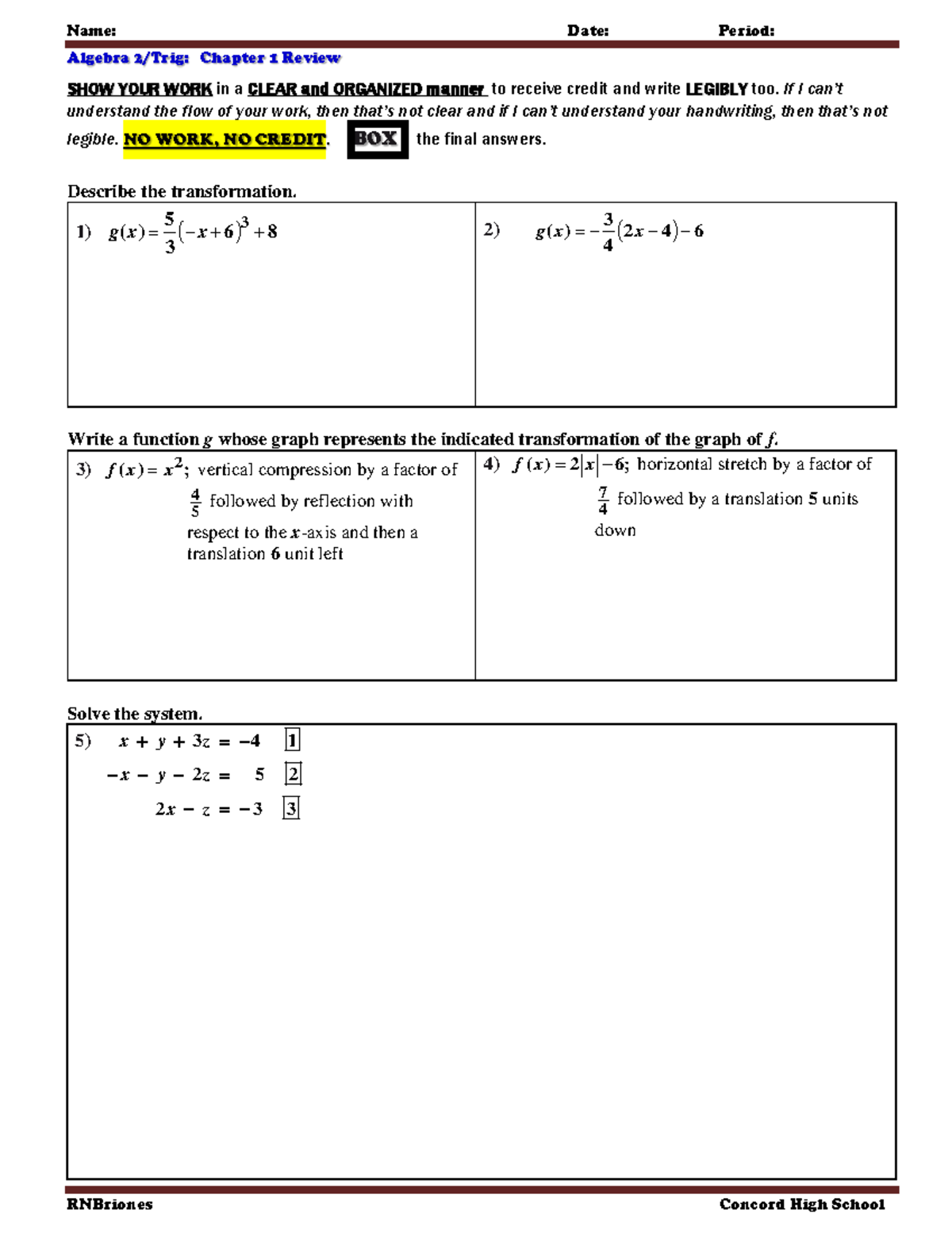 Algebra 2/Trig Chapter 1 Test Review Worksheet Guide - Studocu