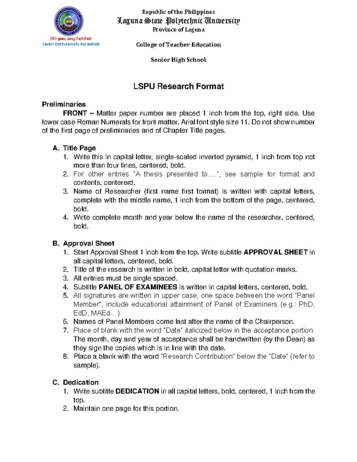 LSPU Research Format Guidelines (SHA IMER12) for Students - Studocu