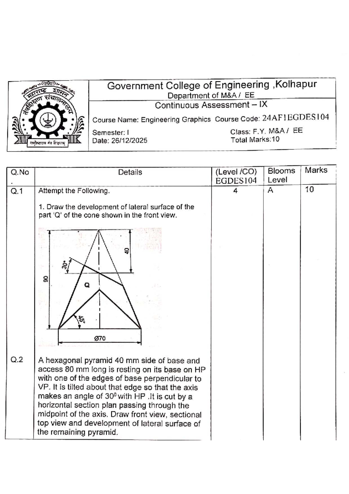 Engineering Graphics Assignment 9 Solutions - 24AF1EGDES104 - Studocu