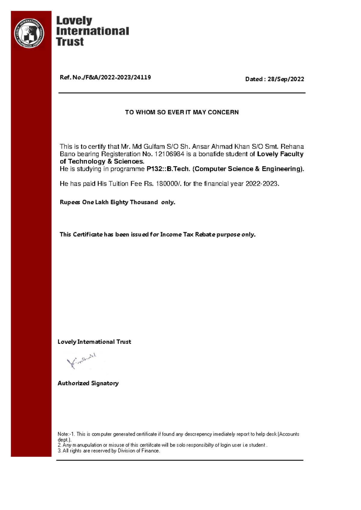 Tuition Fee Certificate - This is to certify that Mr. Md Gulfam S/O Sh. Ansar Ahmad Khan S/O Smt ...