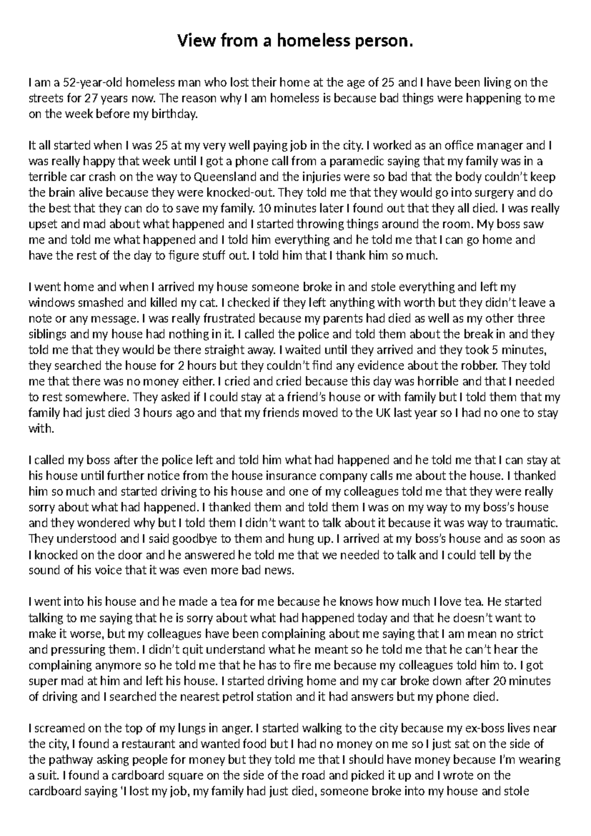 "Case Study: Life of a Homeless Man After Tragedy" - Studocu