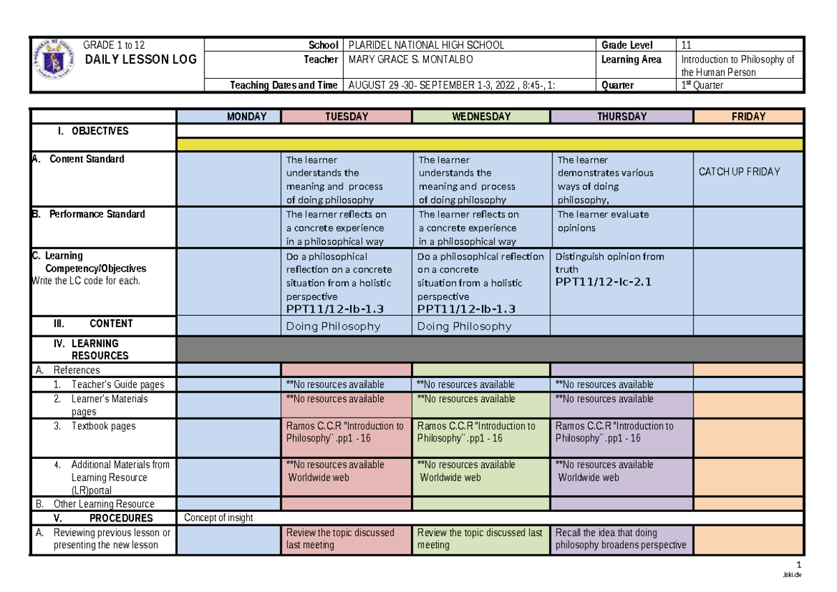 DLL WEEK 2: Intro to Philosophy - Lesson Plan & Activities - Studocu