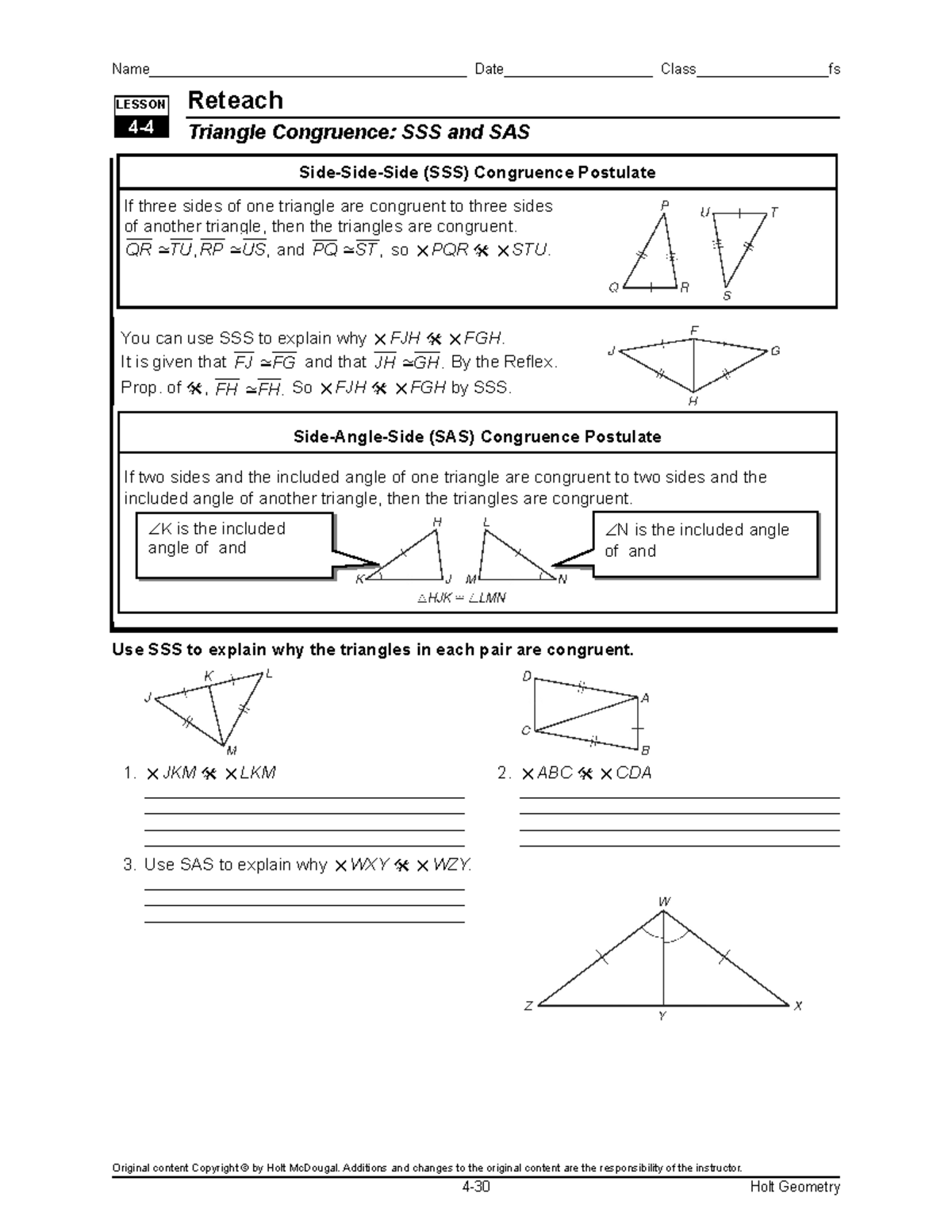 Reteach 4-4: Triangle Congruence Practices with SSS and SAS - Studocu