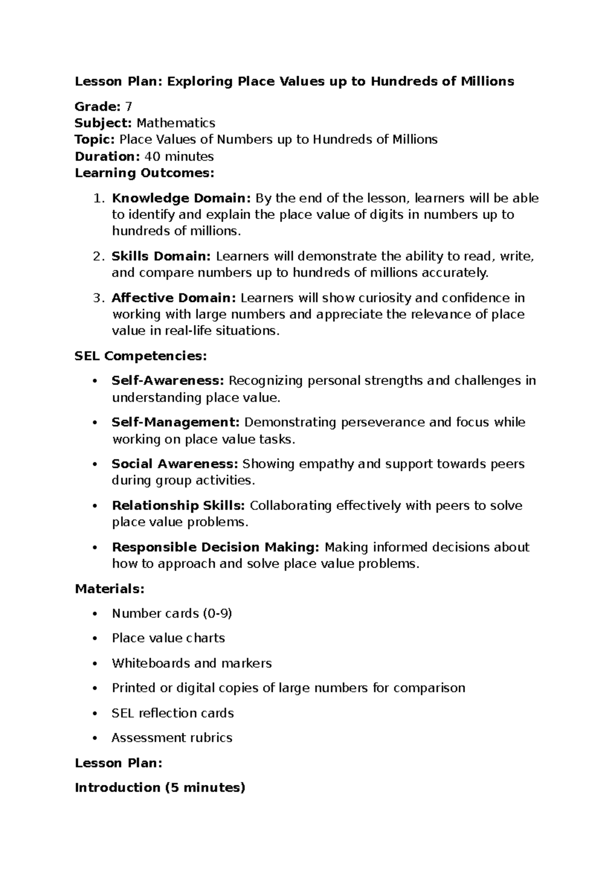 Lesson Plan: Place Values up to Hundreds of Millions MAT 7 - Studocu