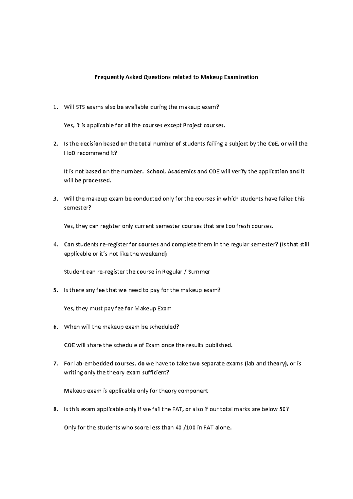 FAQ on Makeup Examination Policies and Procedures - Studocu