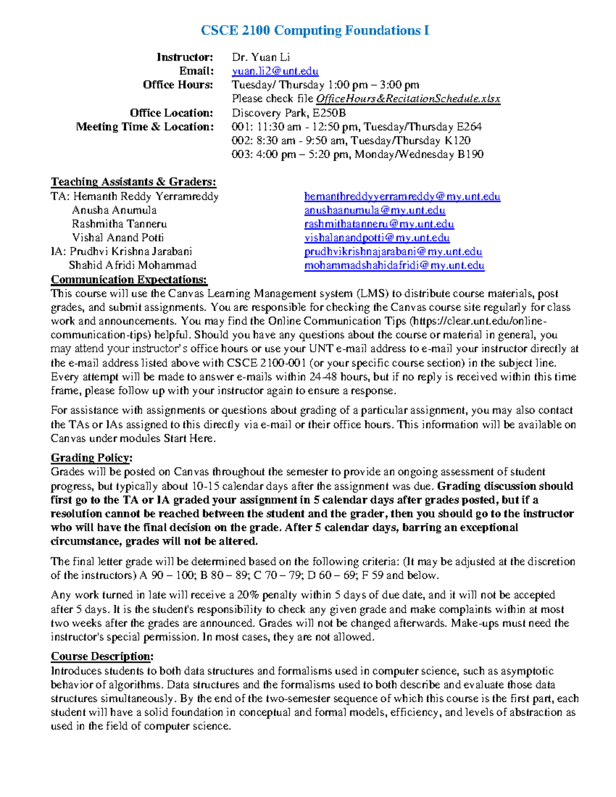 CSCE 2100 Syllabus: Computing Foundations I - Spring 2023 - Studocu