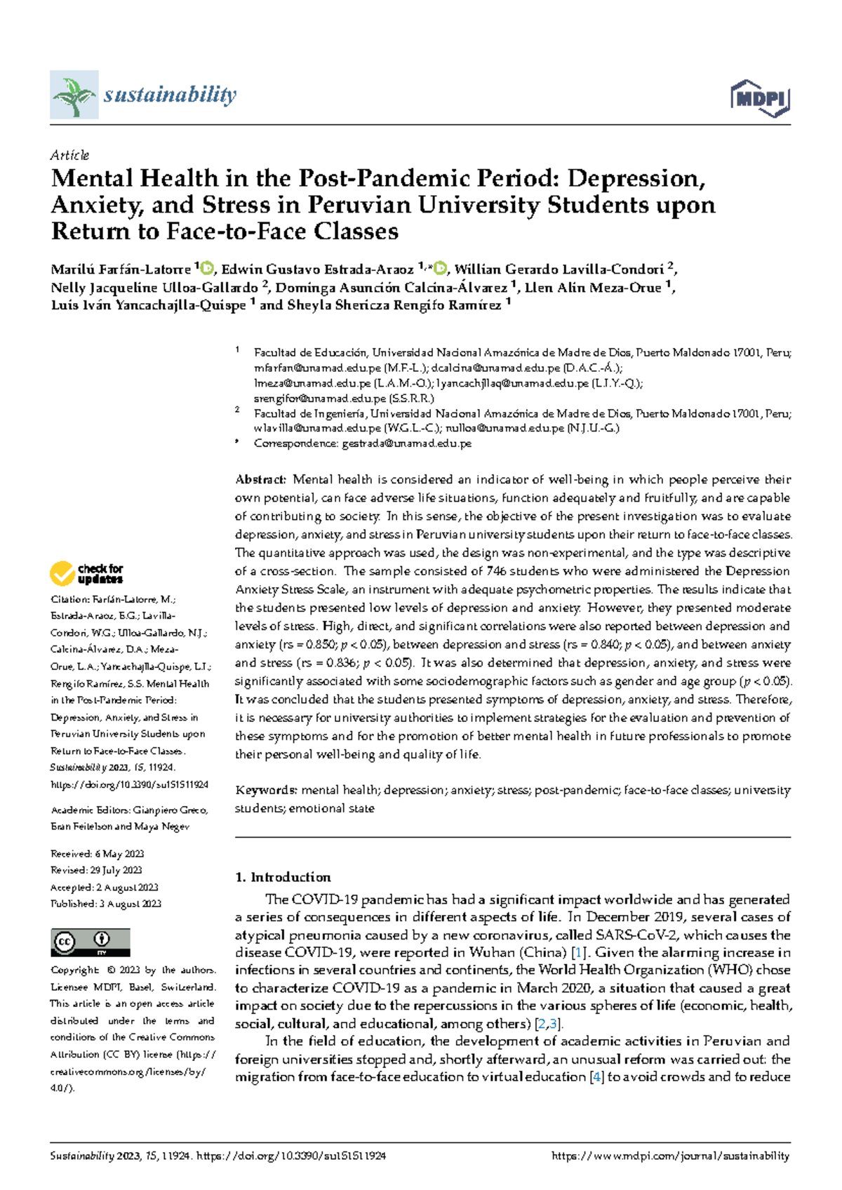Mental Health Study: Depression, Anxiety, and Stress in Peruvian ...
