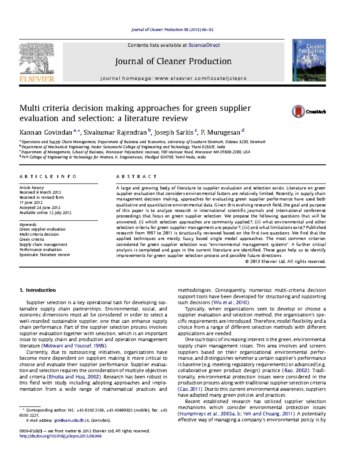 Multi-Criteria Decision Making for Green Supplier Evaluation: A Review ...