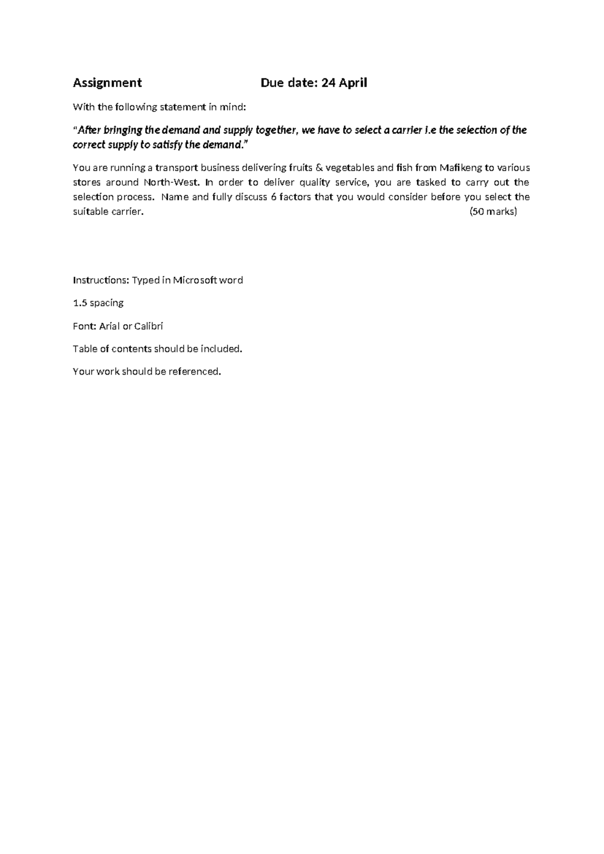 Transport Business Carrier Selection Assignment (Due: 24 April) - Studocu