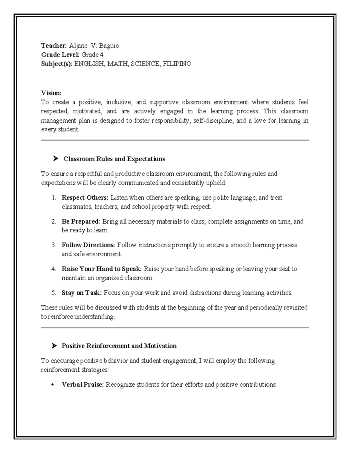 classroom management plan - Teacher: Aljane V. Baguio Grade Level ...