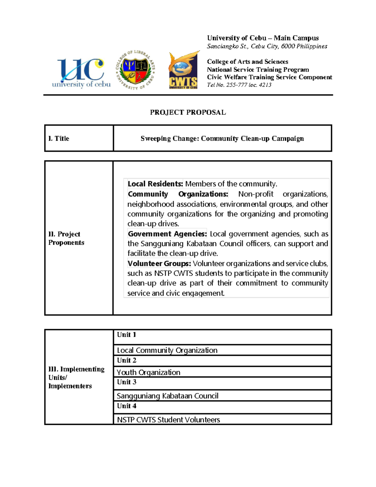 Project Proposal: Sweeping Change – Community Clean-Up (NSTP CWTS ...
