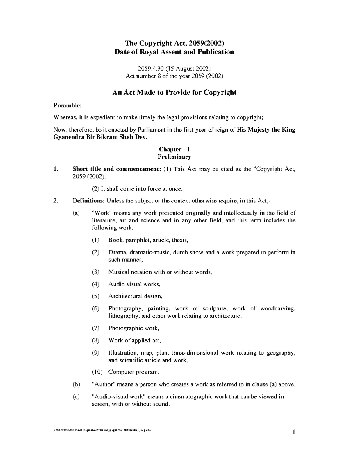 The Copyright Act, 2059 (2002): Key Provisions and Definitions - Studocu