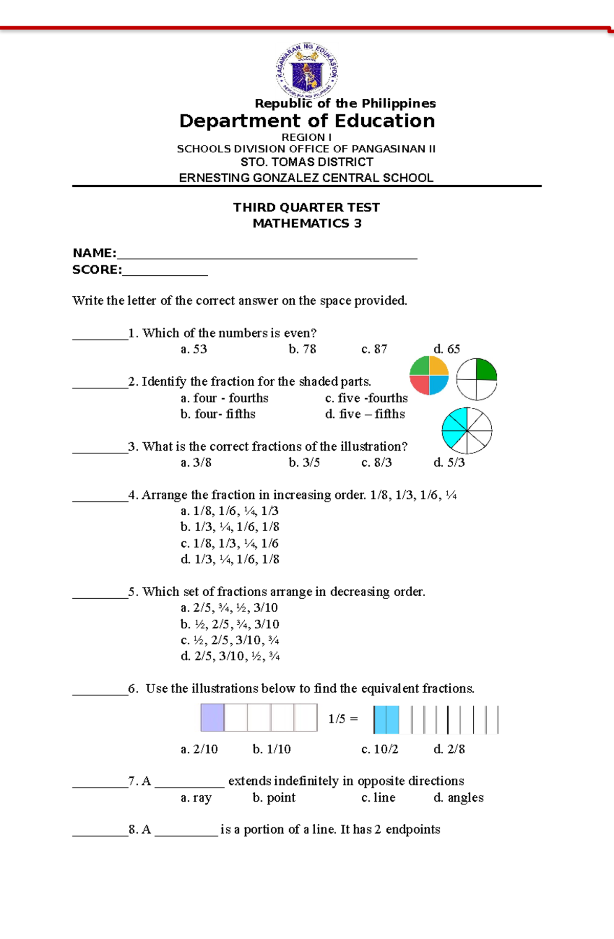 MATH 3- Sample Test - Republic of the Philippines Department of ...
