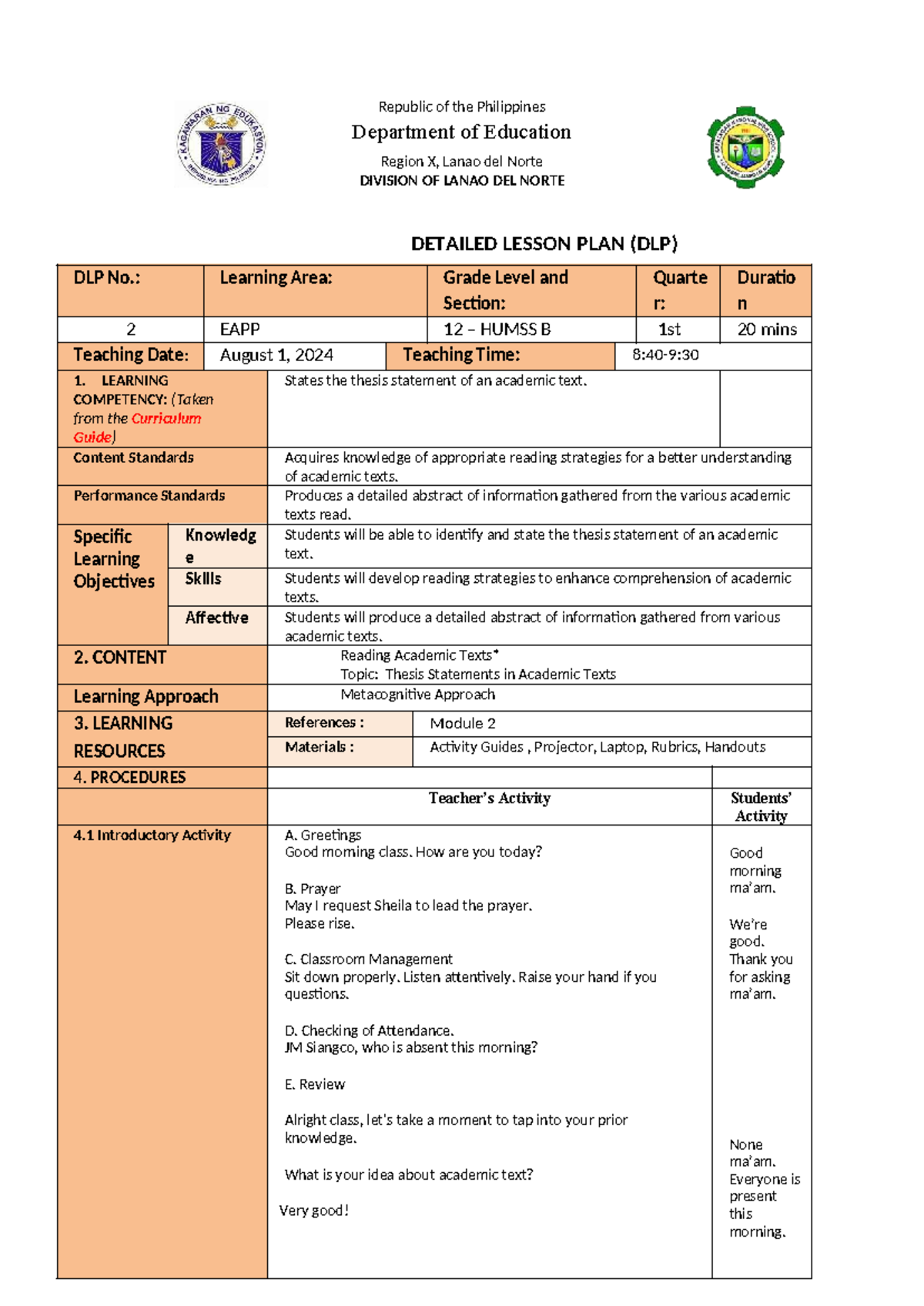 DLP: Detailed Lesson Plan on Thesis Statements in EAPP 12 HUMSS - Studocu