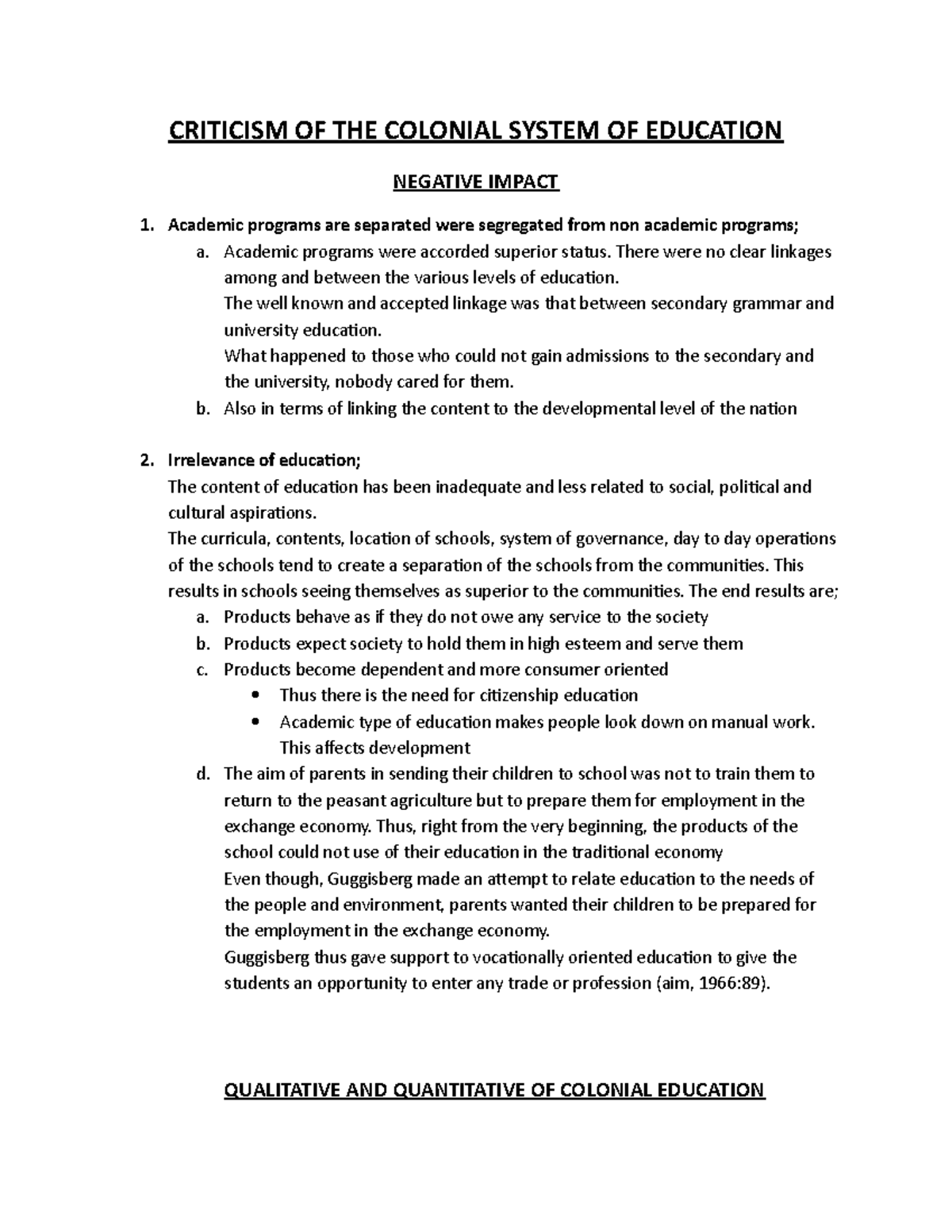 Critical Analysis of the Colonial Education System (EDU 302) - Studocu