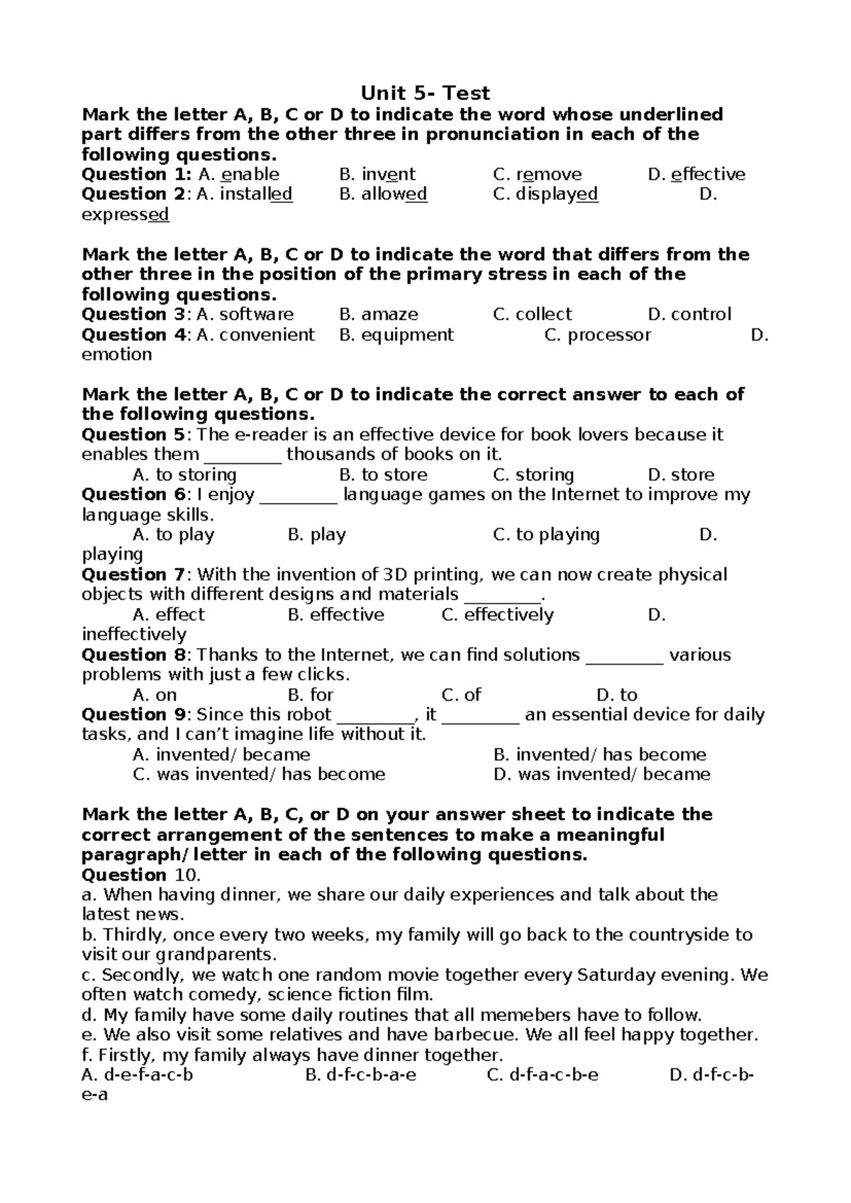 Unit 5 Test 2: Pronunciation and Stress Patterns in English - Studocu