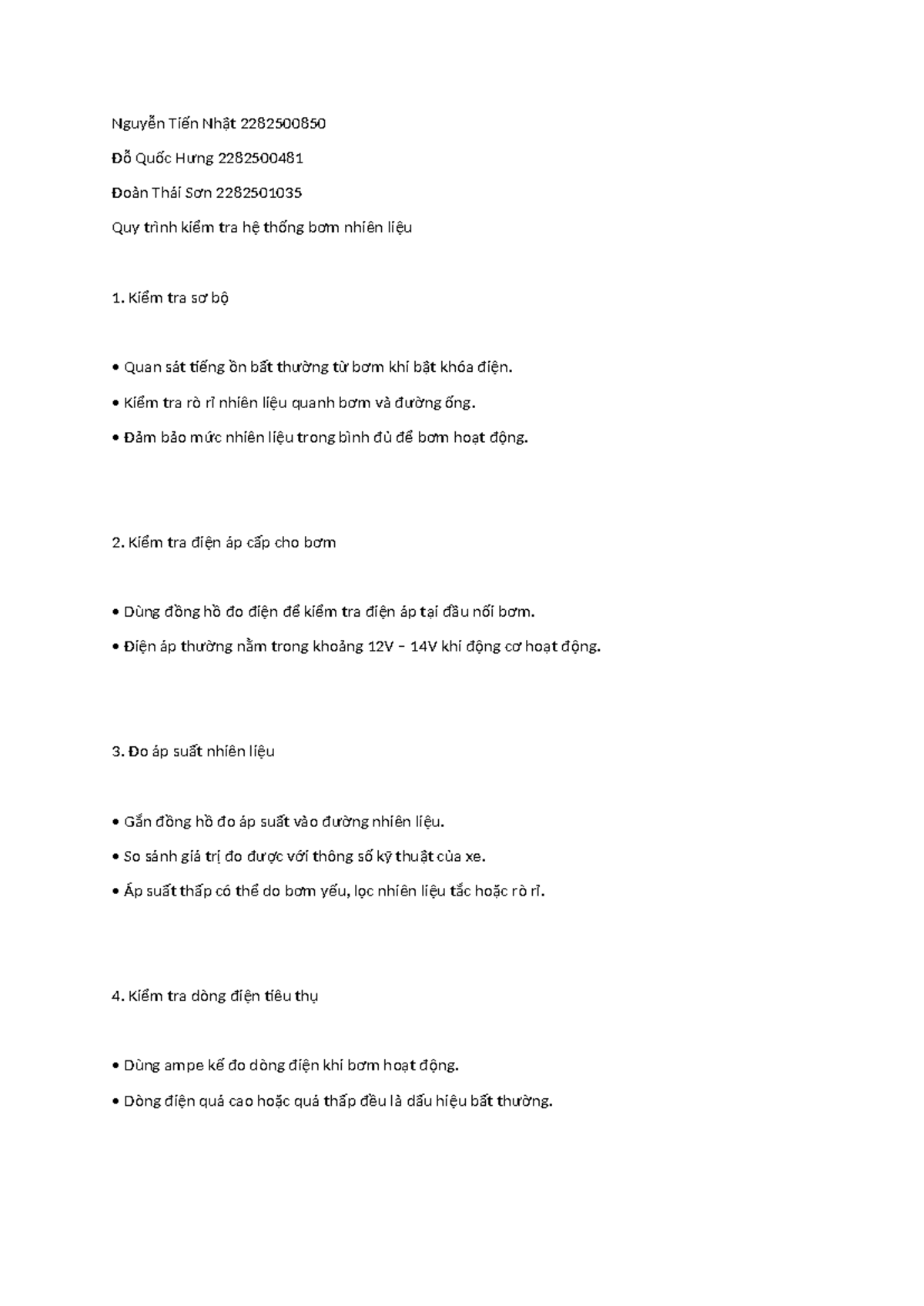 Quy trình kiểm tra bơm nhiên liệu - Hướng dẫn chi tiết - Studocu
