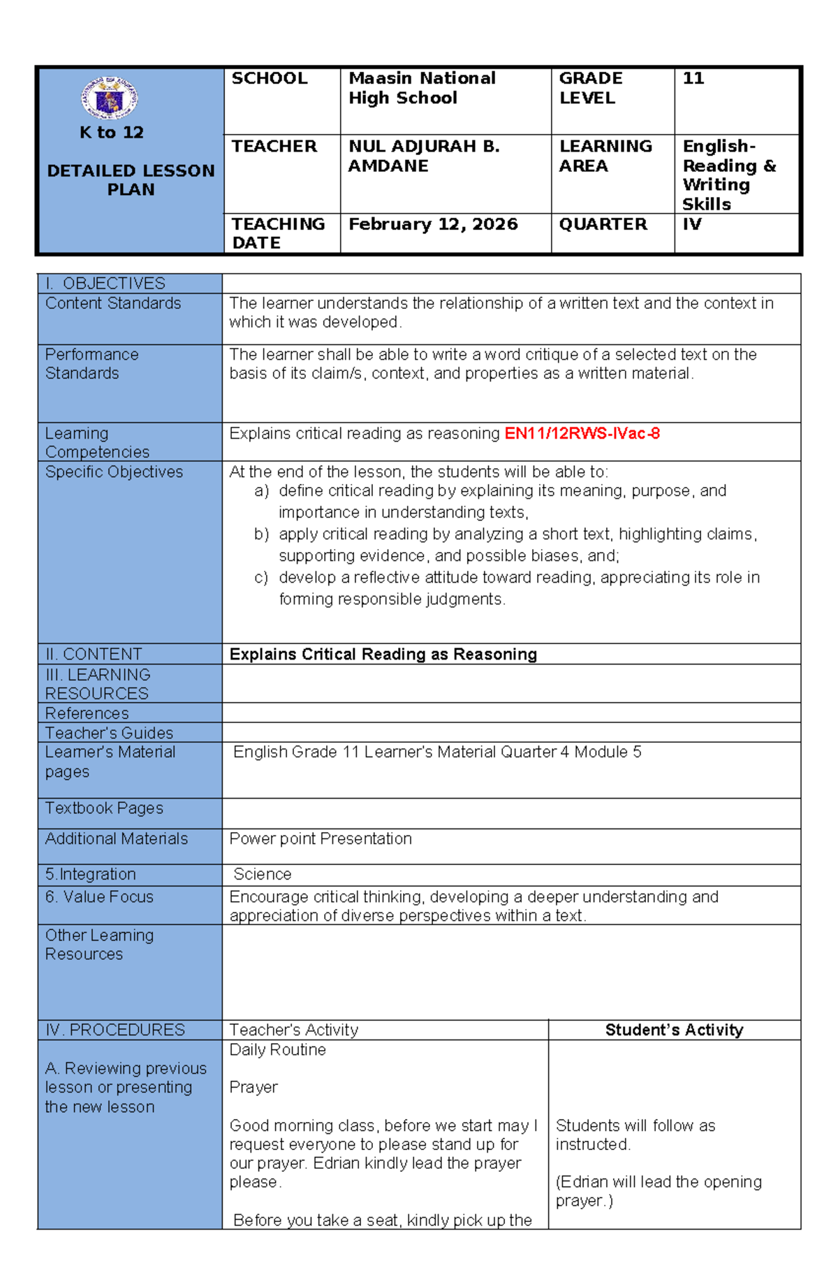 Critical Reading Lesson Plan for English 11 - Feb 12, 2026 - Studocu