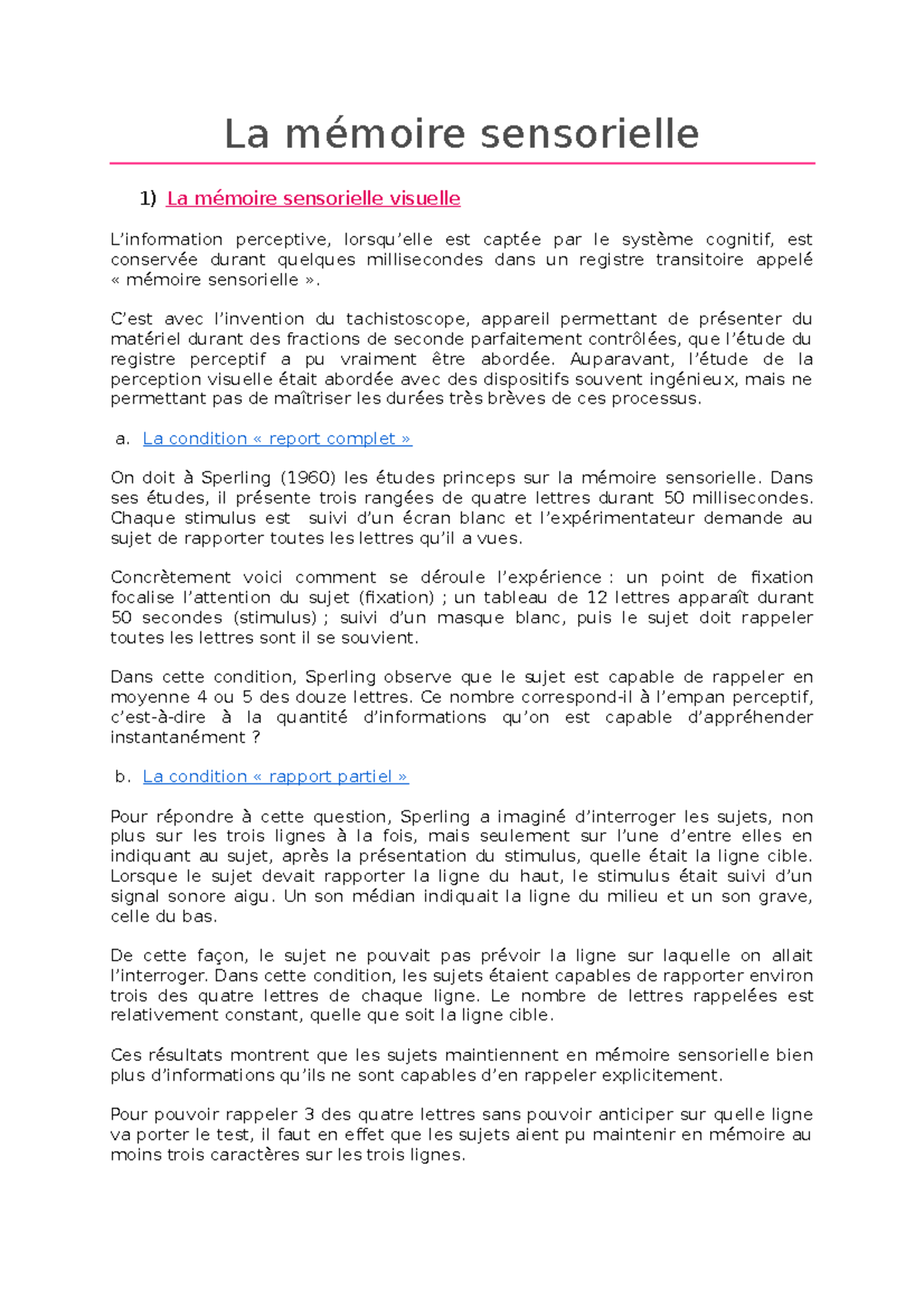 2 - La mémoire sensorielle - La mémoire sensorielle 1) La mémoire ...