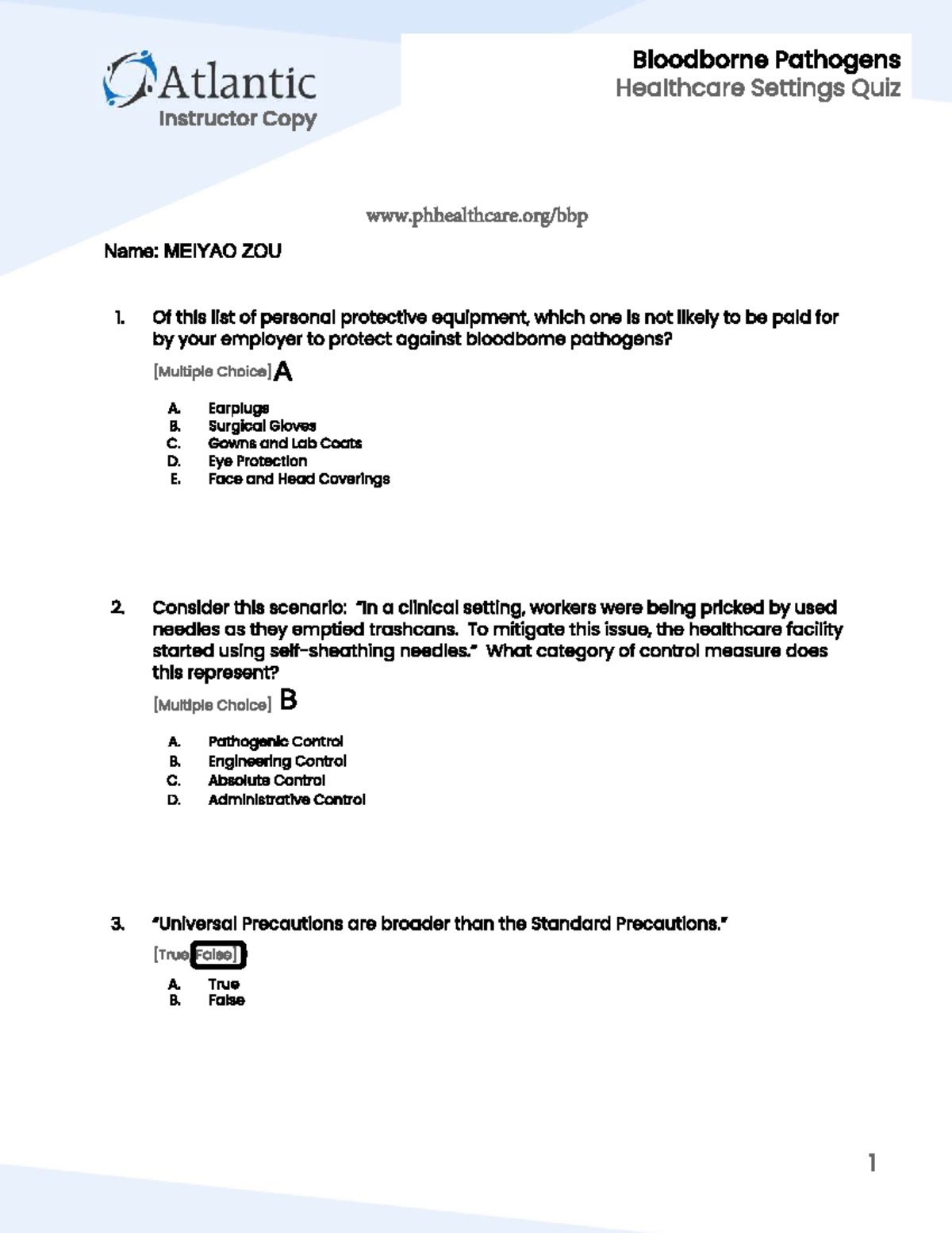 Atlantic Bloodborne Pathogens Healthcare Settings Quiz - Studocu