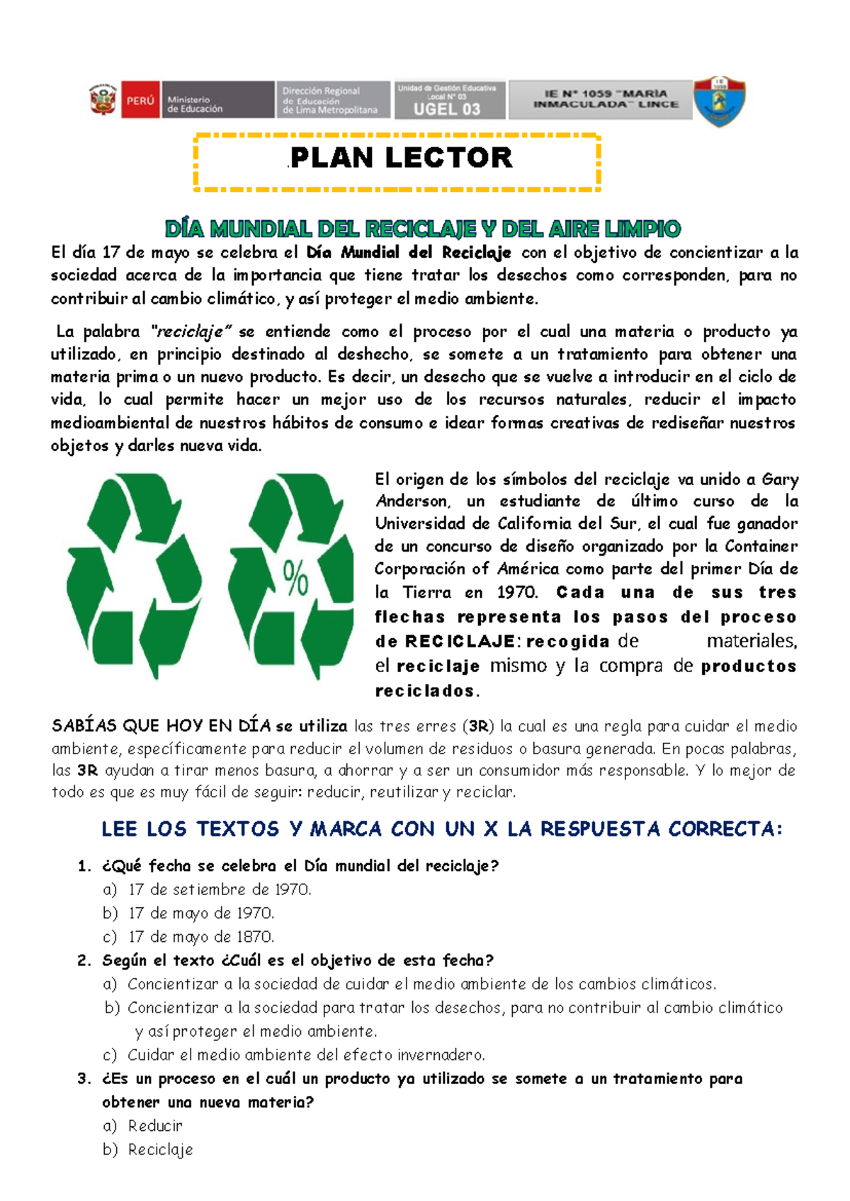 Plan Lector: Importancia del Reciclaje y el Aire Limpio - Studocu