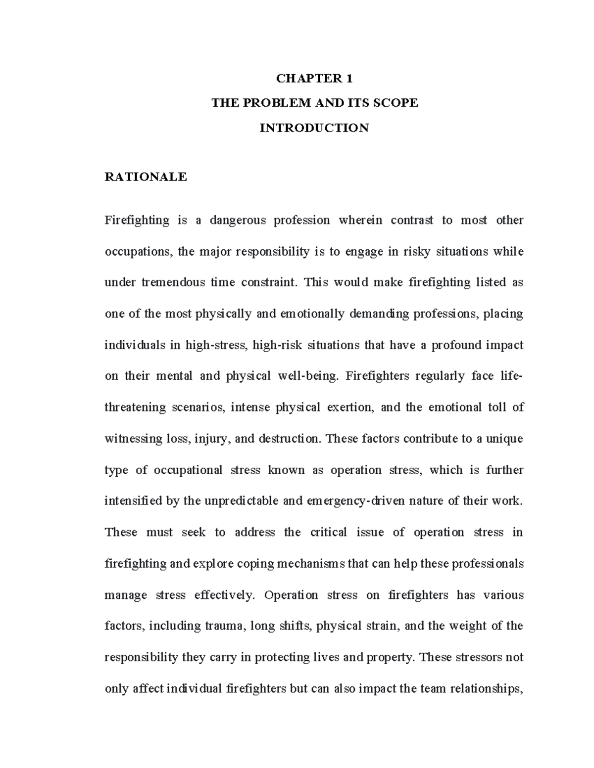 CHAPTER 1: OPERATION STRESS AND COPING STRATEGIES IN FIREFIGHTING - Studocu