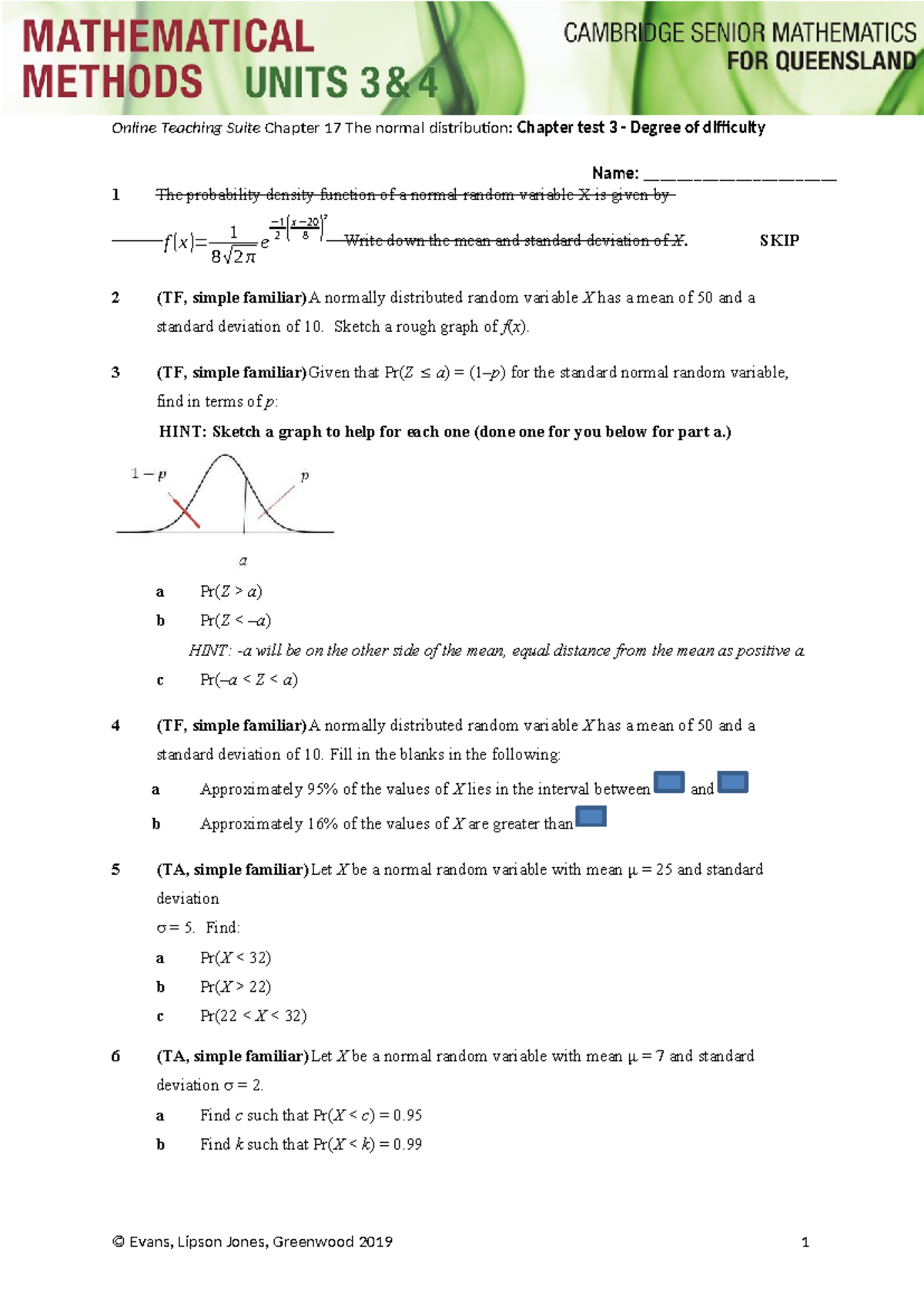 Online Teaching Suite CH17: Normal Distribution Chapter Test 3 - Studocu