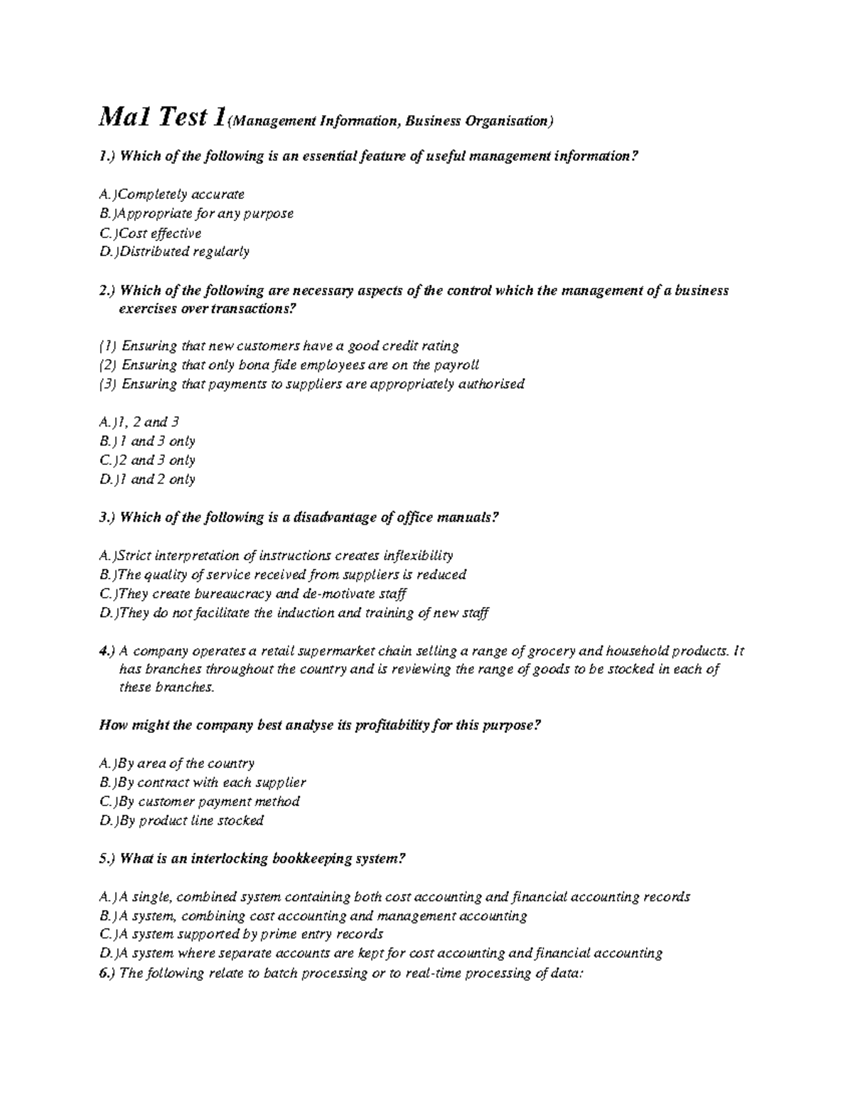 MA1 Midterm Test 1 Questions on Management Info & Business Org - Studocu