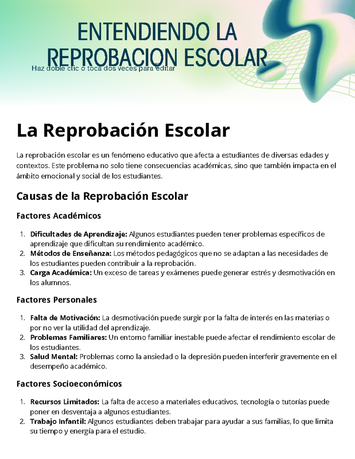 ENT-101: Causas y Consecuencias de la Reprobación Escolar - Studocu