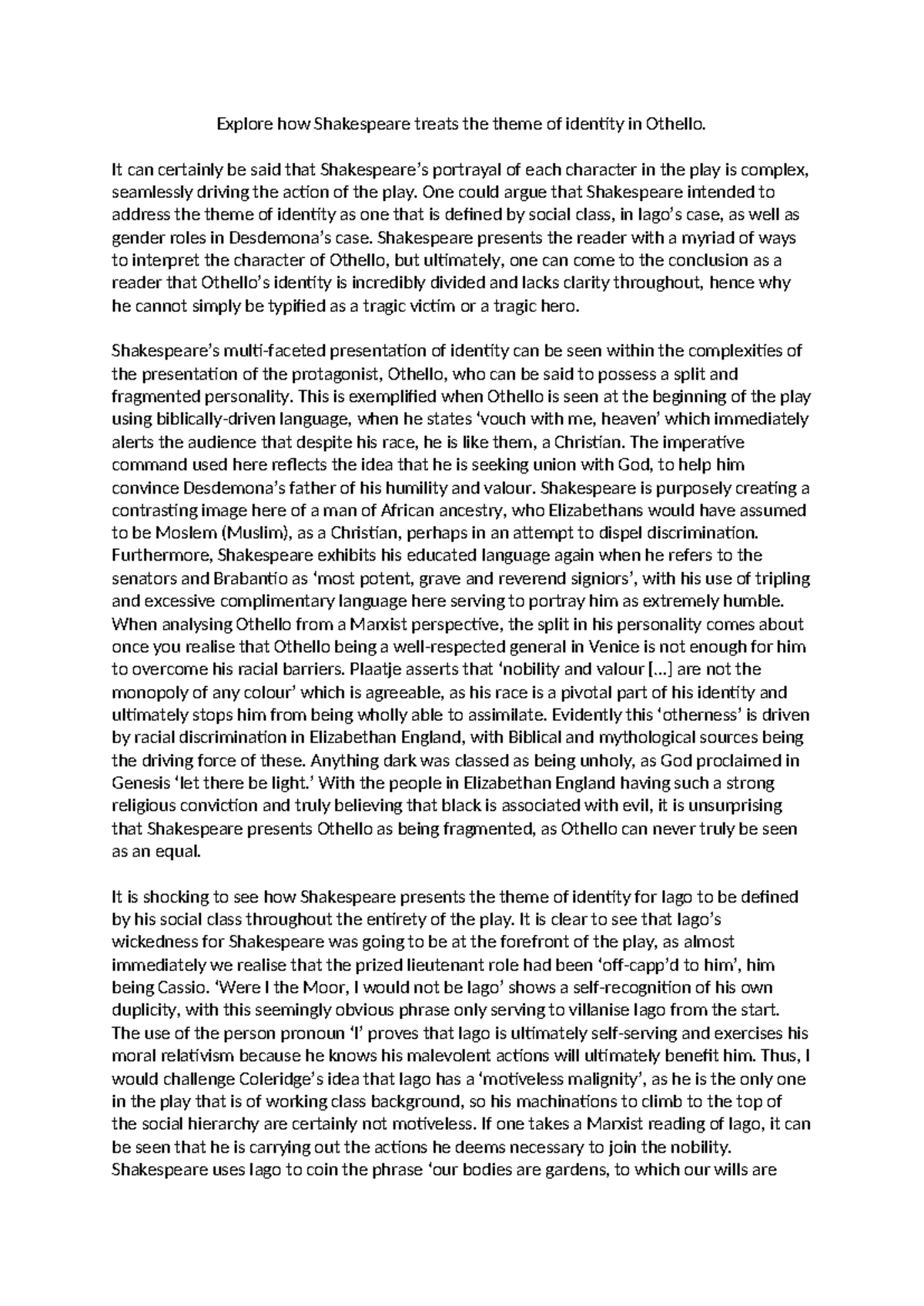 OTHELLO ALEVEL ENGLISH LIT REVISION: ACT 1, SCENE I ANALYSIS - Studocu