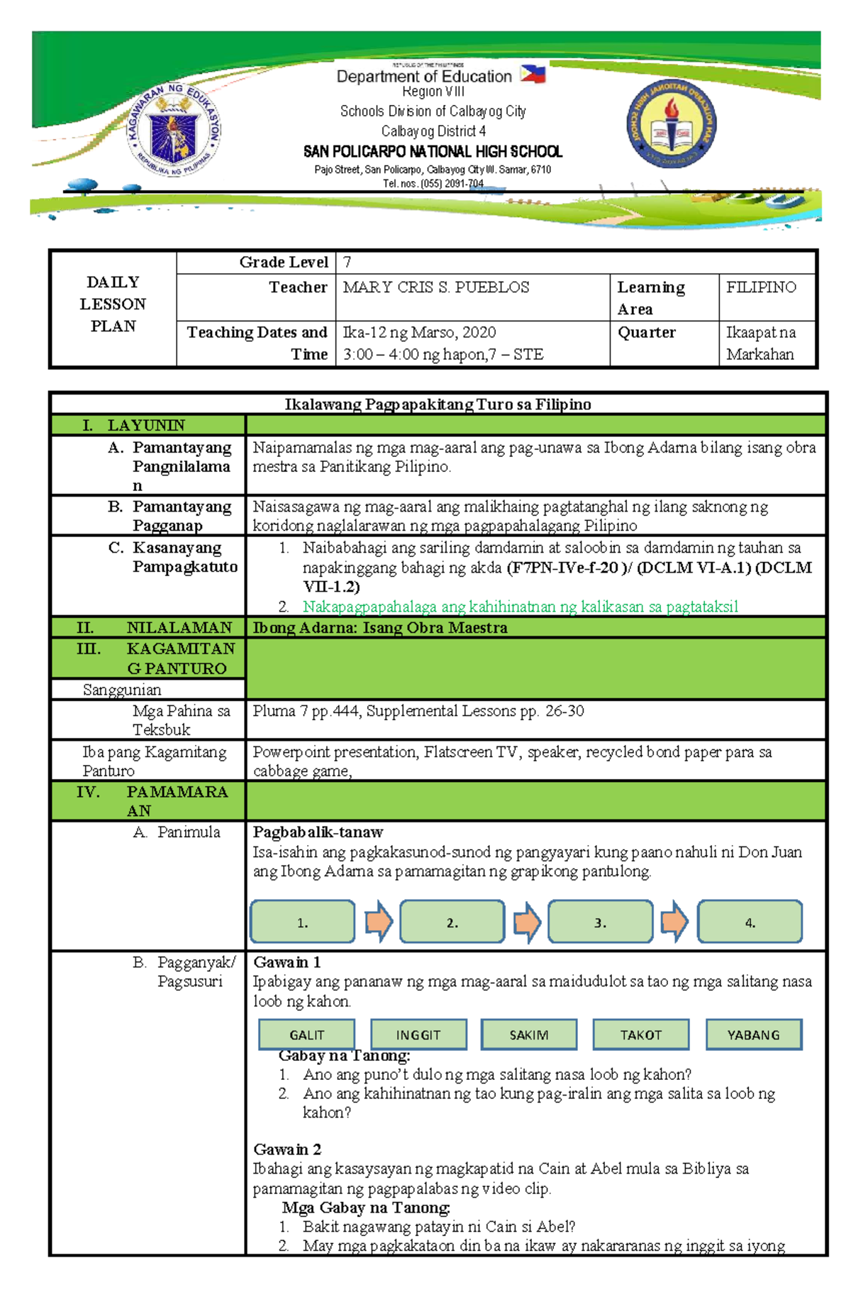 Daily Lesson Plan for Grade 7 Filipino - 4th Quarter (Ilide) - Studocu