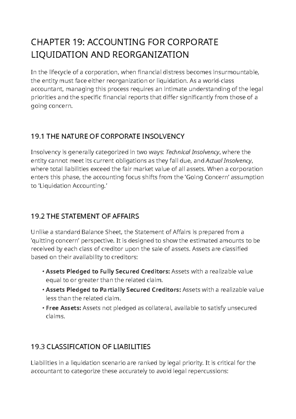 CHAPTER 19: ACCOUNTING FOR CORPORATE LIQUIDATION & REORGANIZATION (ACC ...