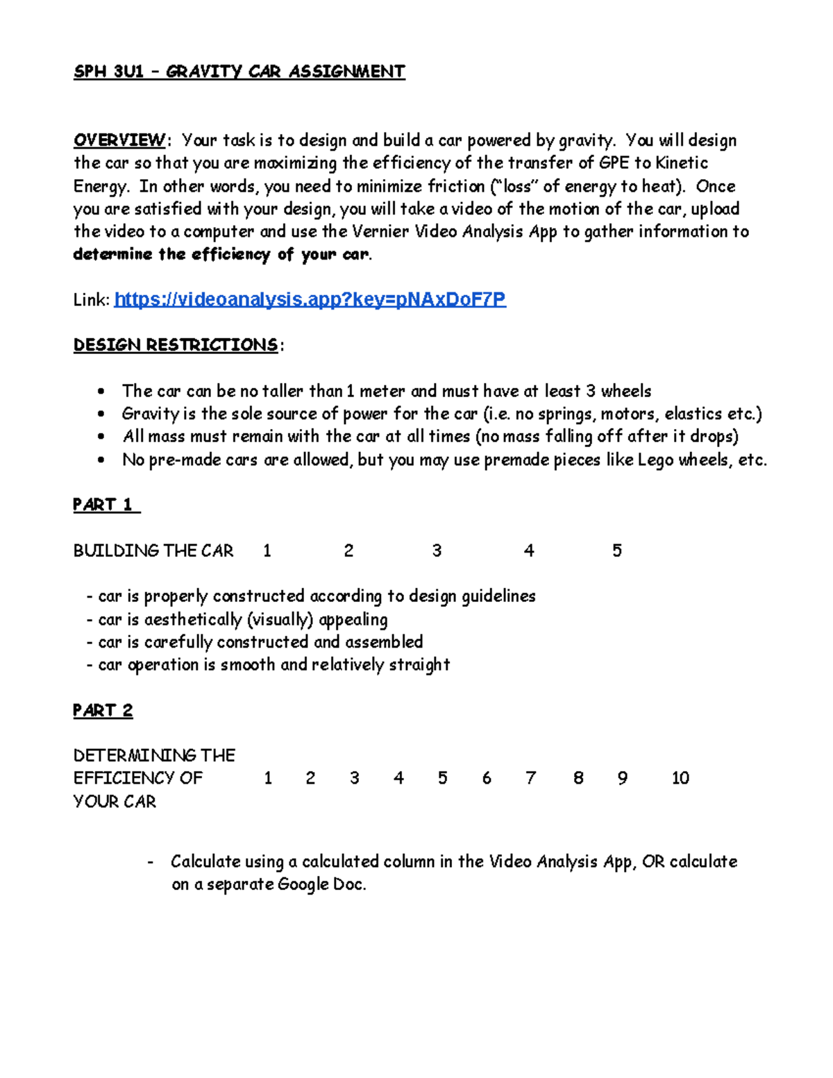 SPH 3U1 Gravity Car Assignment: Design and Efficiency Analysis - Studocu
