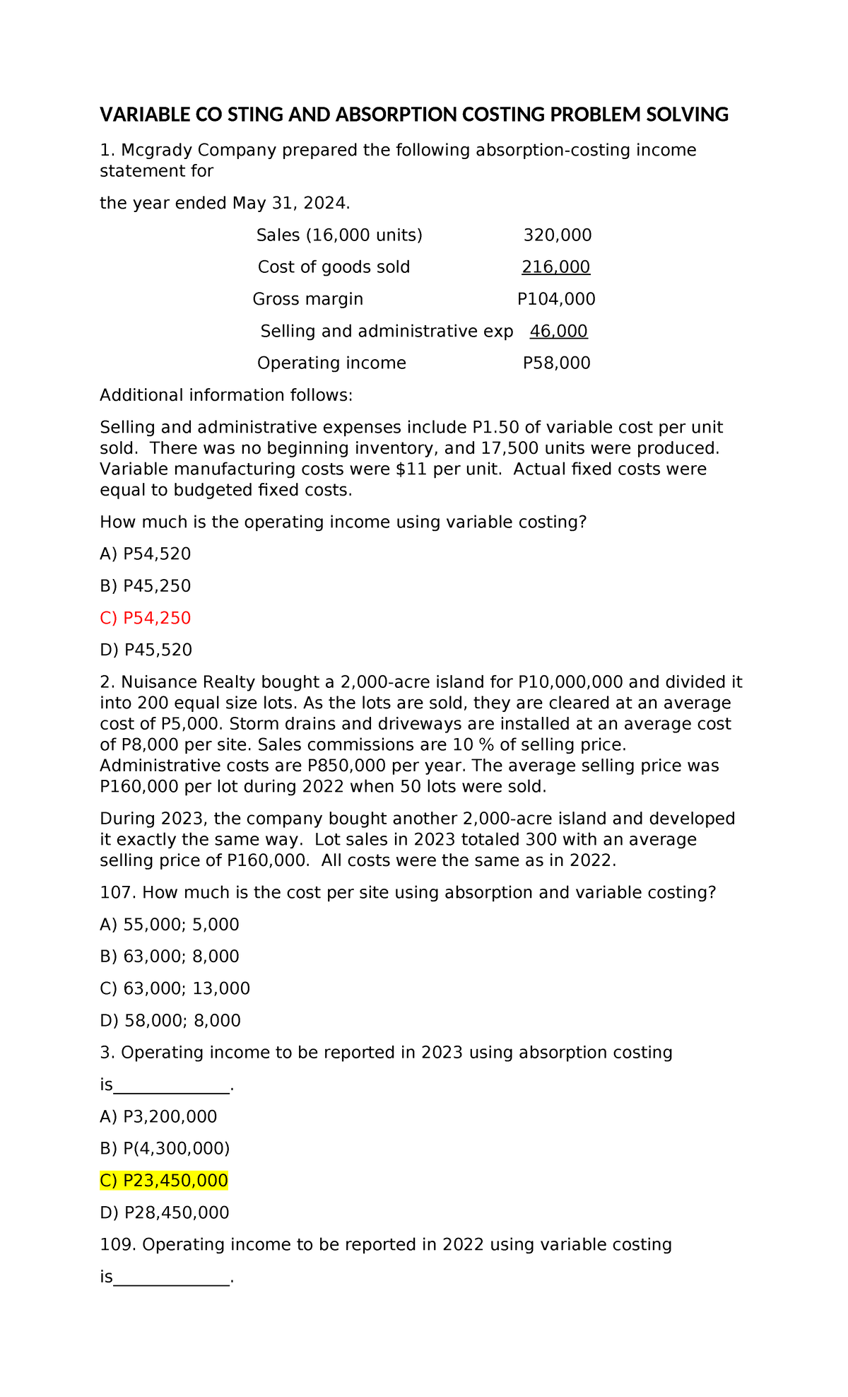 Variable Costing & Absorption Costing Problem Solving (2024) - Studocu