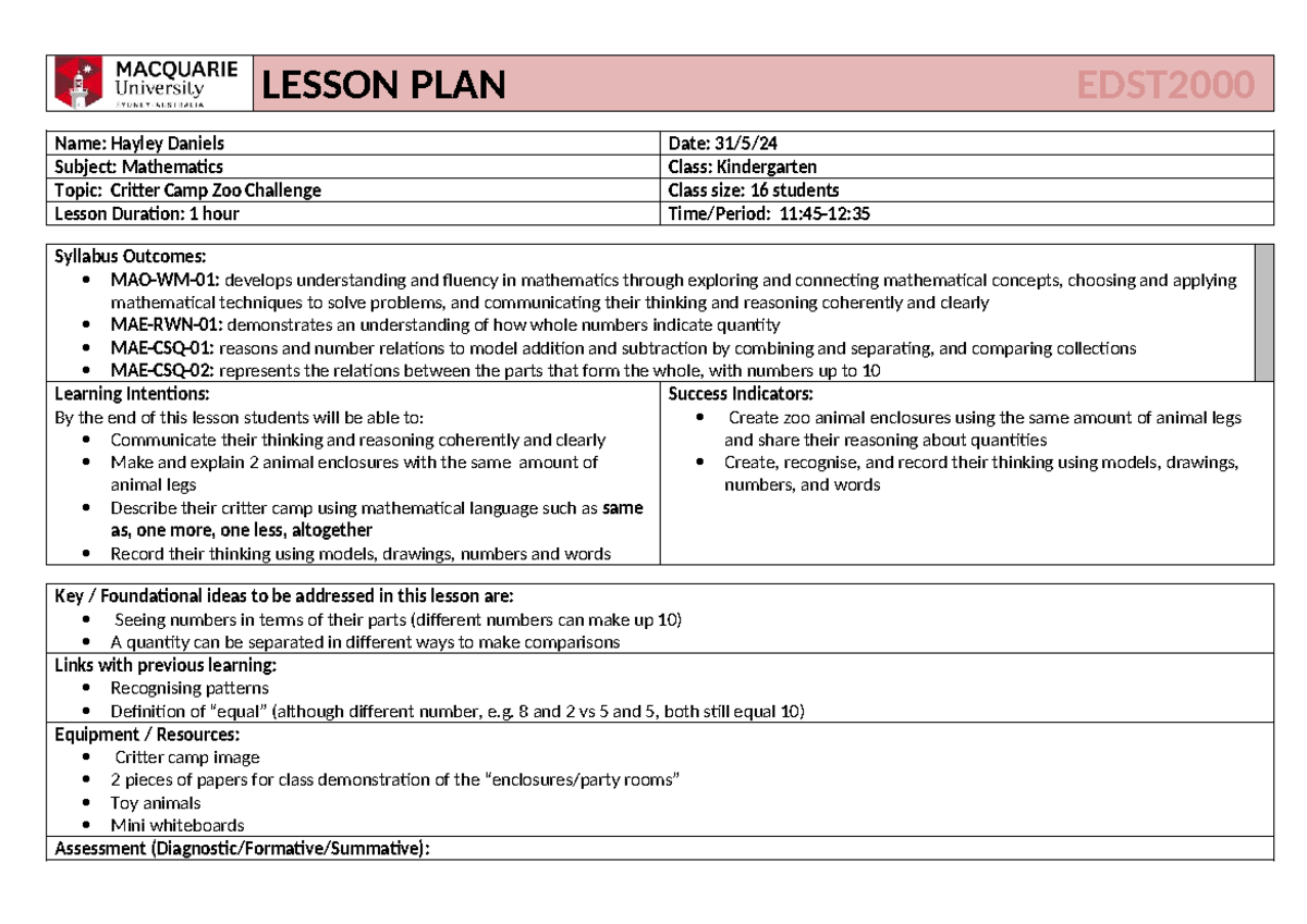 EDST2000 - Kindergarten Math Lesson Plan: Critter Camp Zoo Challenge ...
