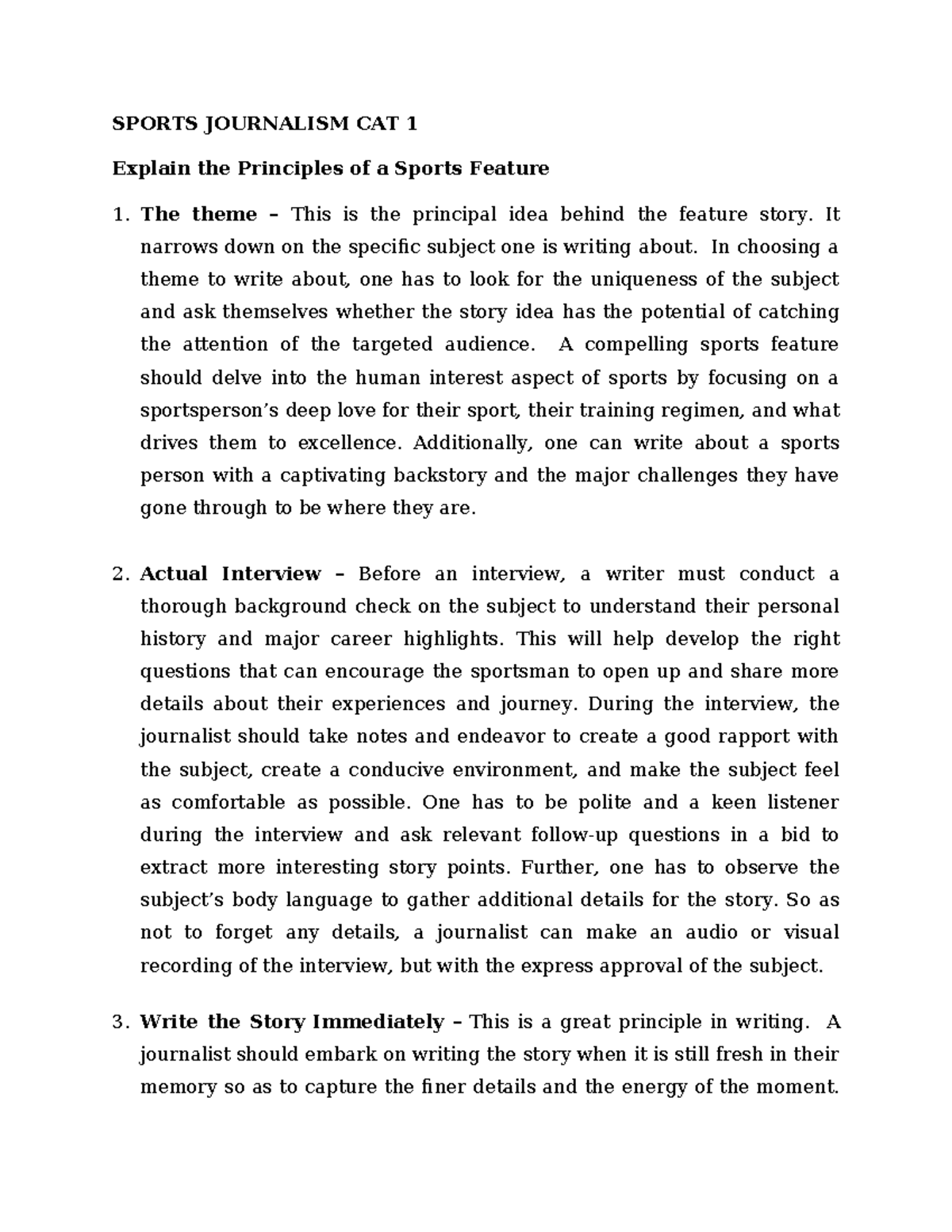 Sports Journalism CAT 1: Principles of Writing a Sports Feature - Studocu