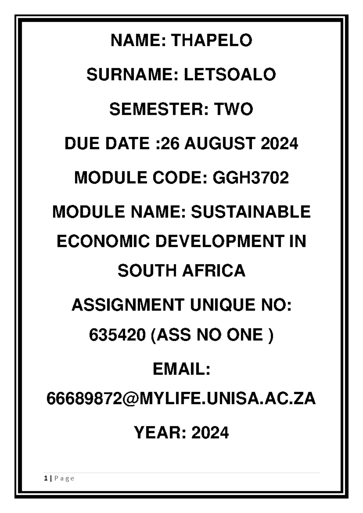 GGH3702 Assignment 2: Sustainable Economic Development in SA - Studocu