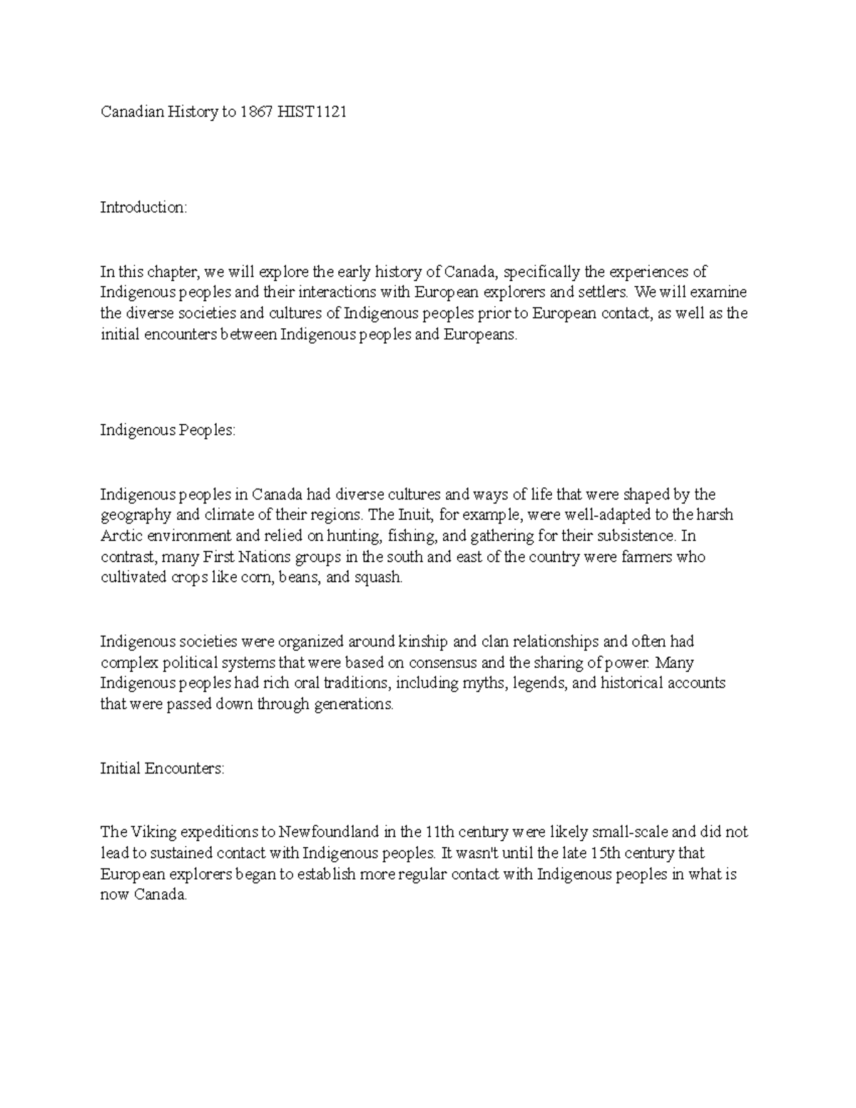HIST1121: Indigenous Peoples and Early Encounters in Canada (to 1867 ...