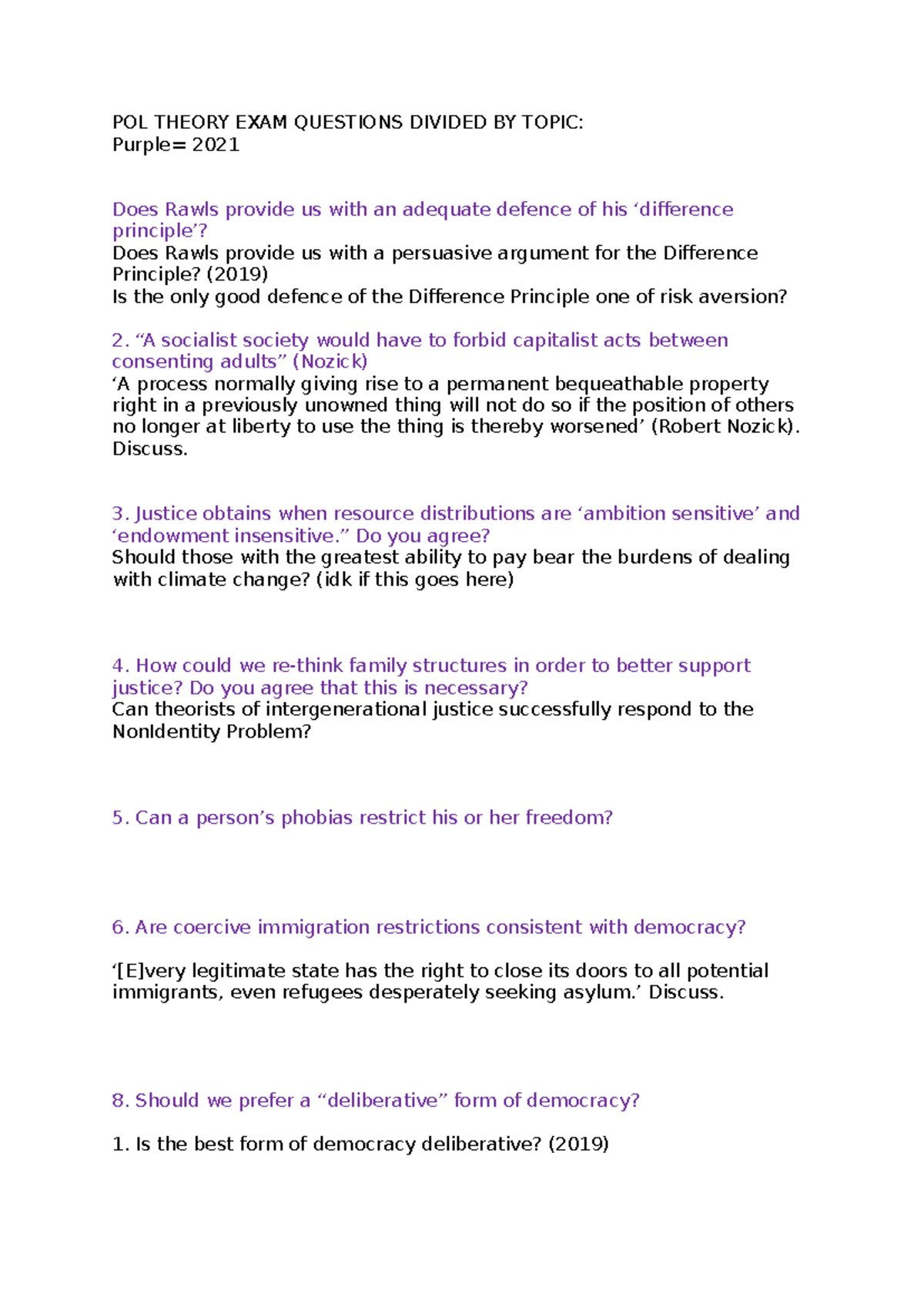 POL Theory Final Exam Questions Organized by Topic - Studocu