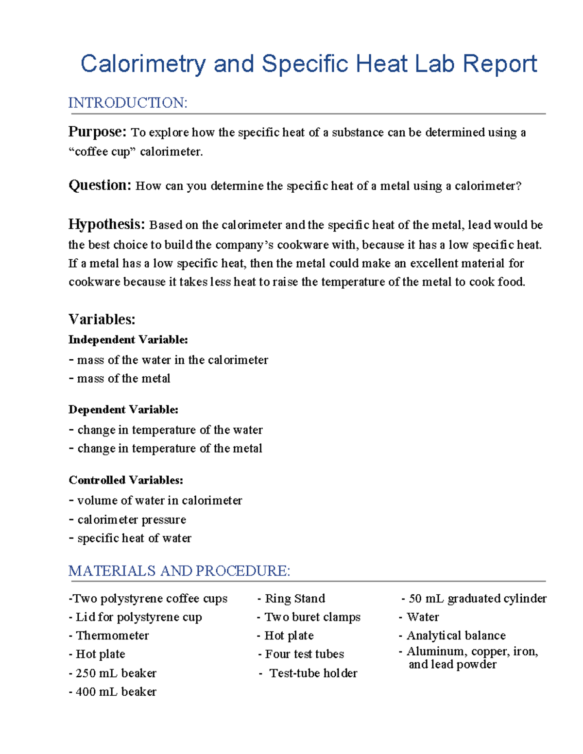 Calorimetry Lab Report: Determining Specific Heat of Metals - Studocu