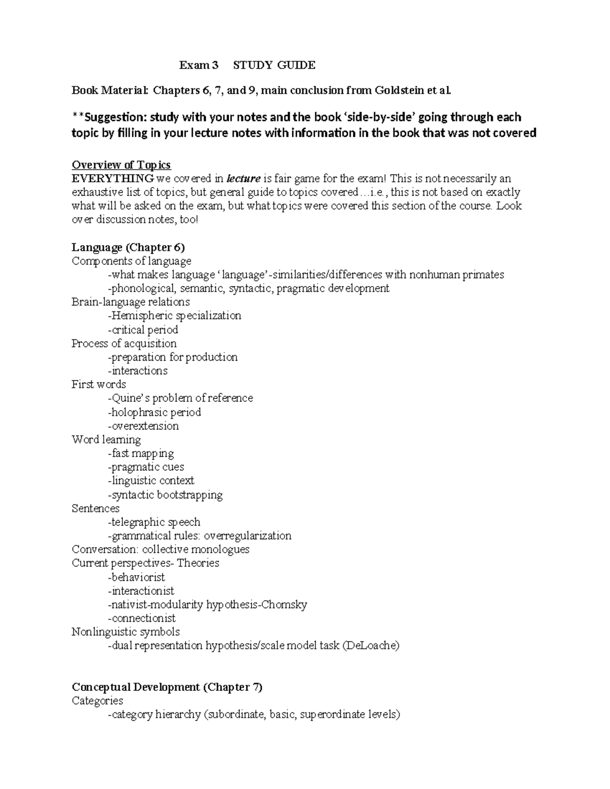 Exam 3 Study Guide: Language, Conceptual & Social Development (SPR24 ...