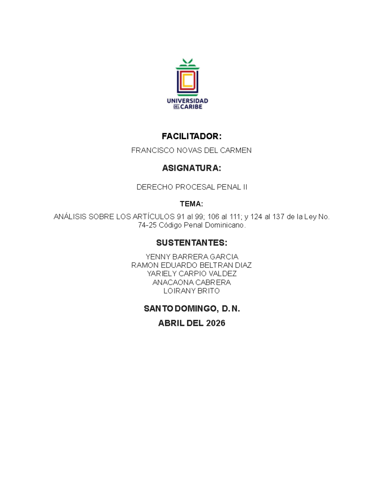 Trabajo Final: Análisis de Artículos del Código Penal Dominicano (DPP-2 ...