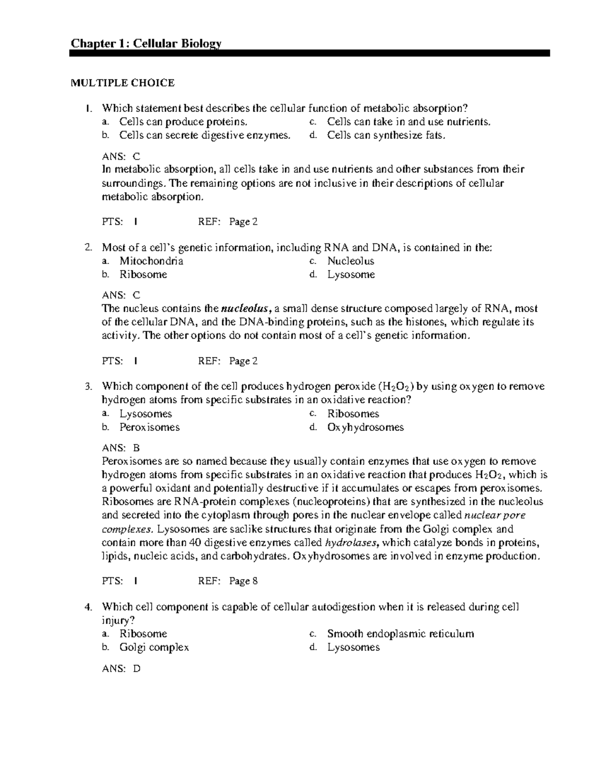 Chapter 1 Cellular Biology - Chapter 1: Cellular Biology MULTIPLE ...