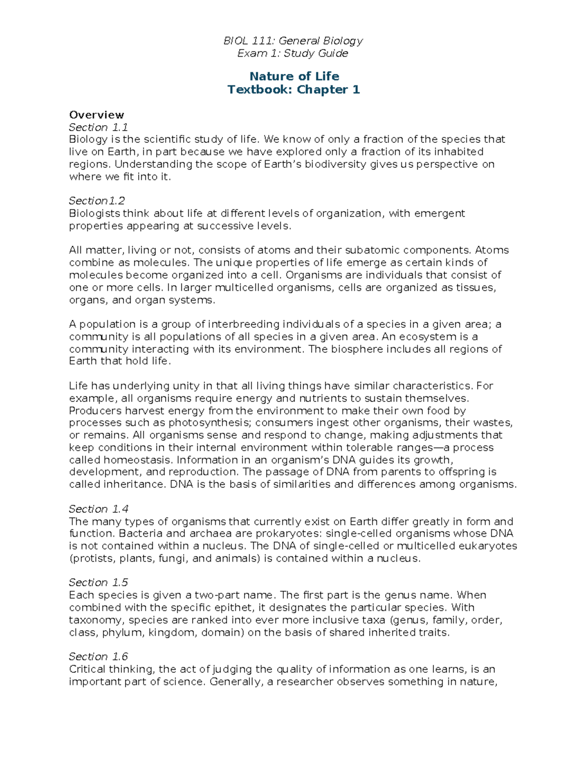 BIOL 111: General Biology Exam 1 Study Guide - Nature of Life ...
