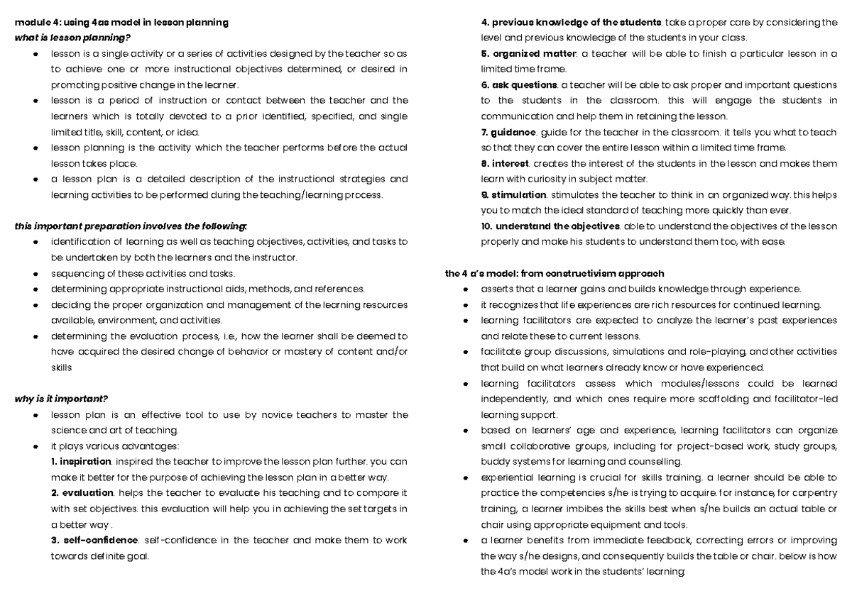 BPE Module 4: Mastering Lesson Planning with the 4A's Model - Studocu