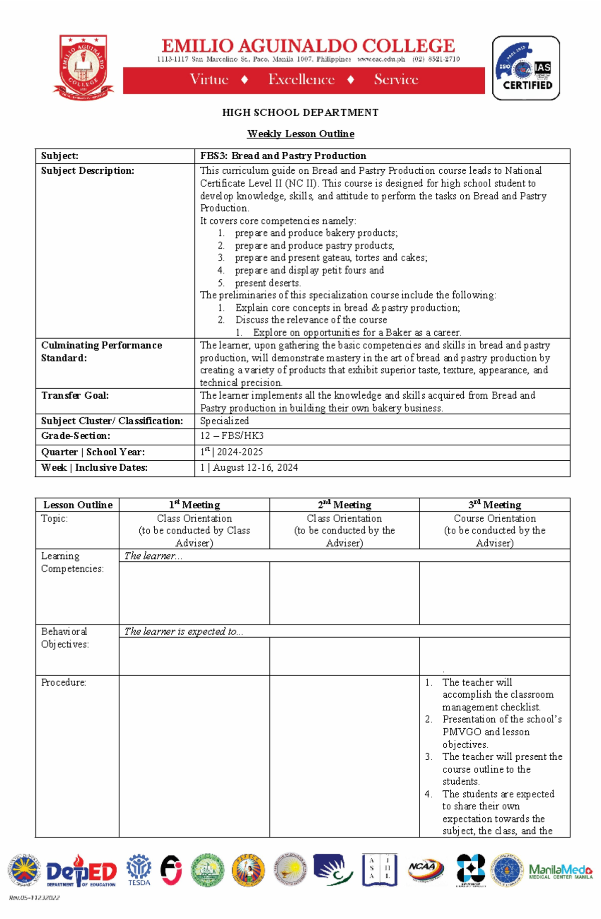 CIA7 WLO FBS3 WEEK1 - Weekly Lesson Outline - HIGH SCHOOL DEPARTMENT ...
