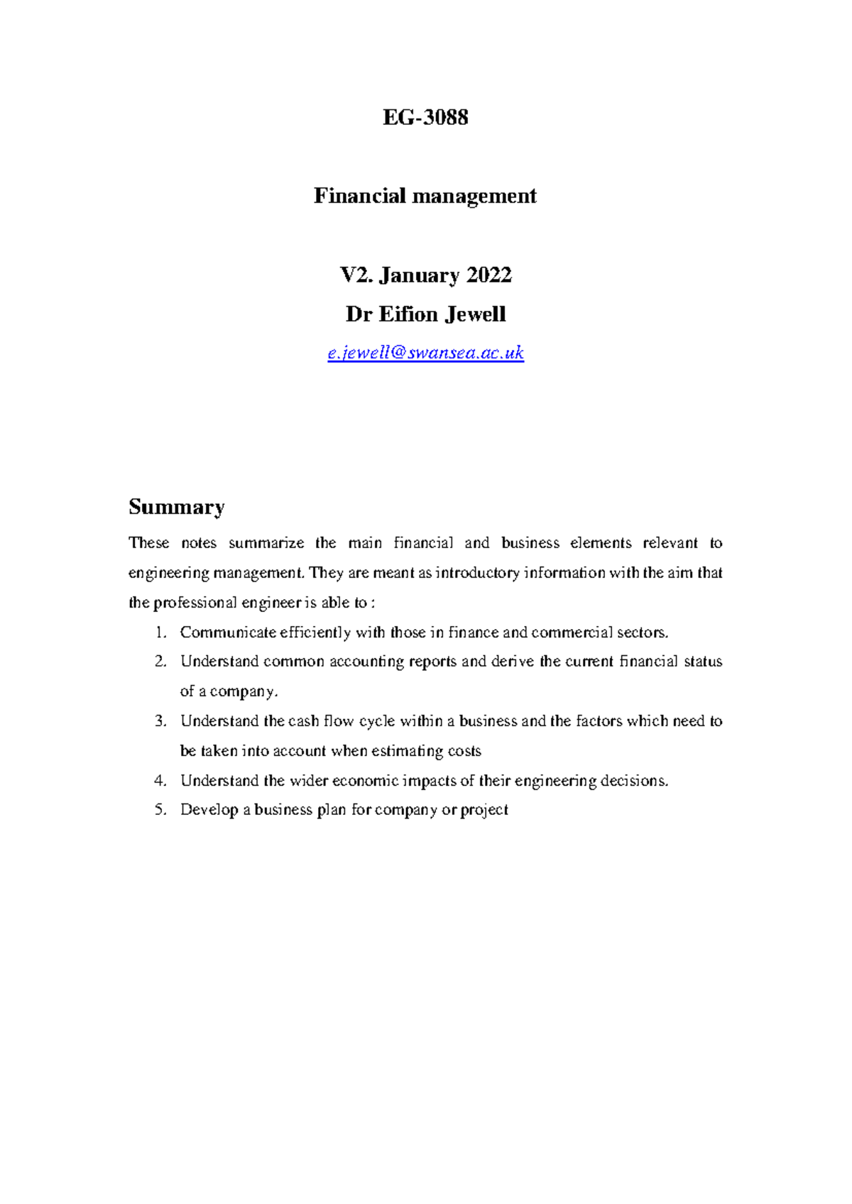 Financial Management Notes (EG-3088) - Comprehensive PDF Guide - Studocu